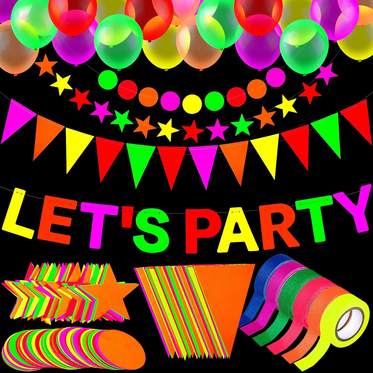 Aodaer Glow Party Supplies Neon Party Supplies Set 98.4 Feet UV ...