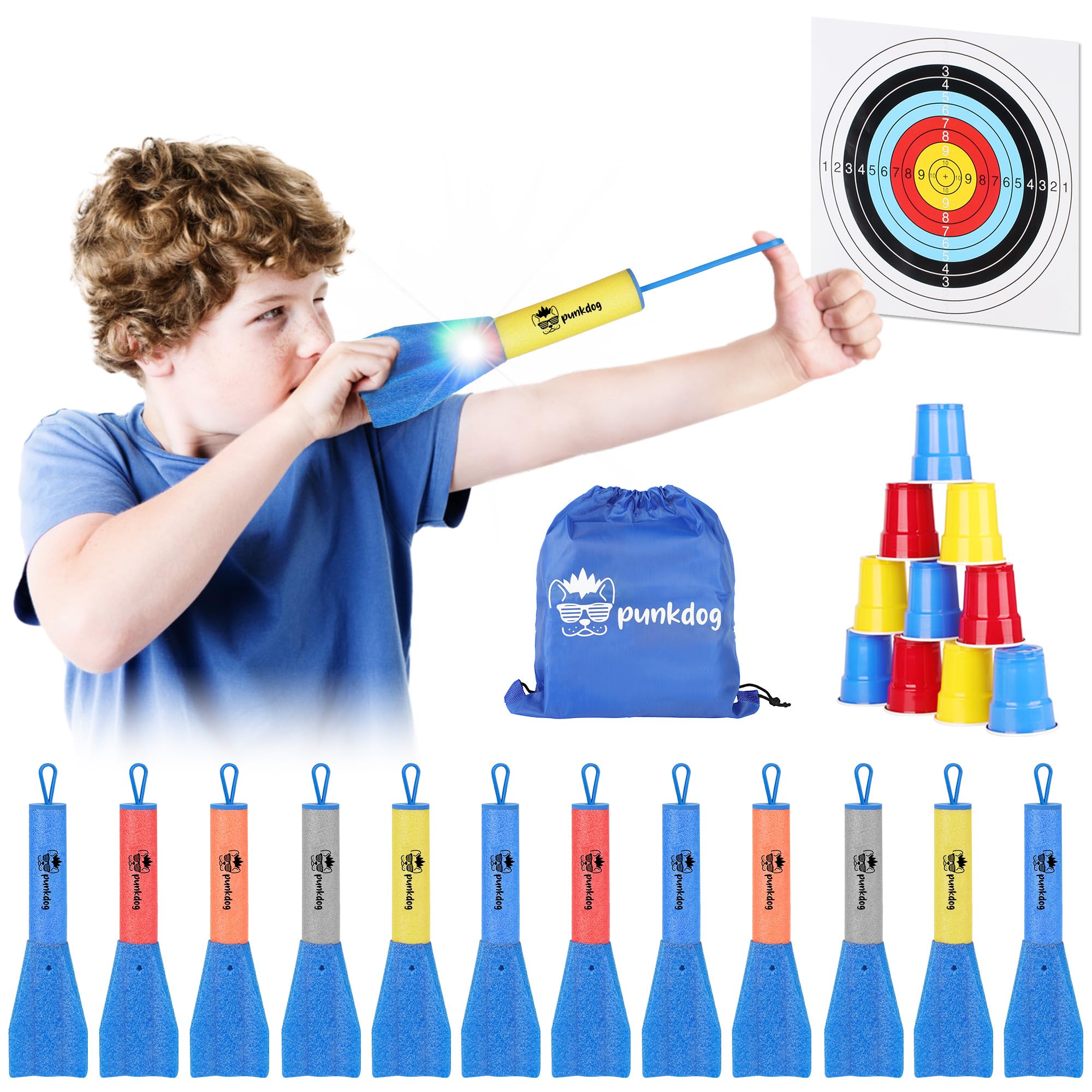 punkdog 12 Pack LED Foam Slingshot Finger Rockets Toy Set, 10 Dart Cup ...