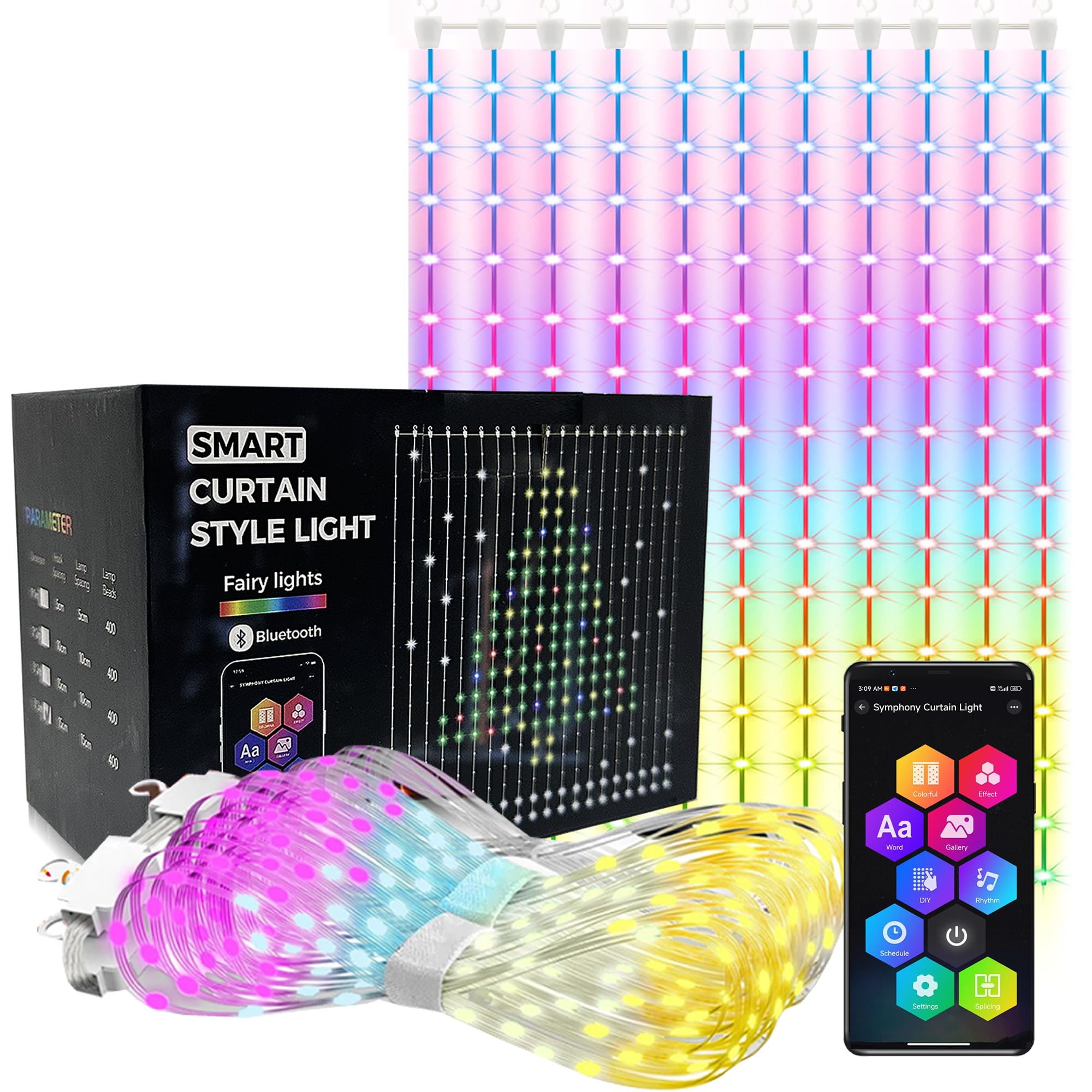 PMS Smart Curtain Lights, 400 LED RGB 9.8ft x 9.8ft Color Changing Wall ...