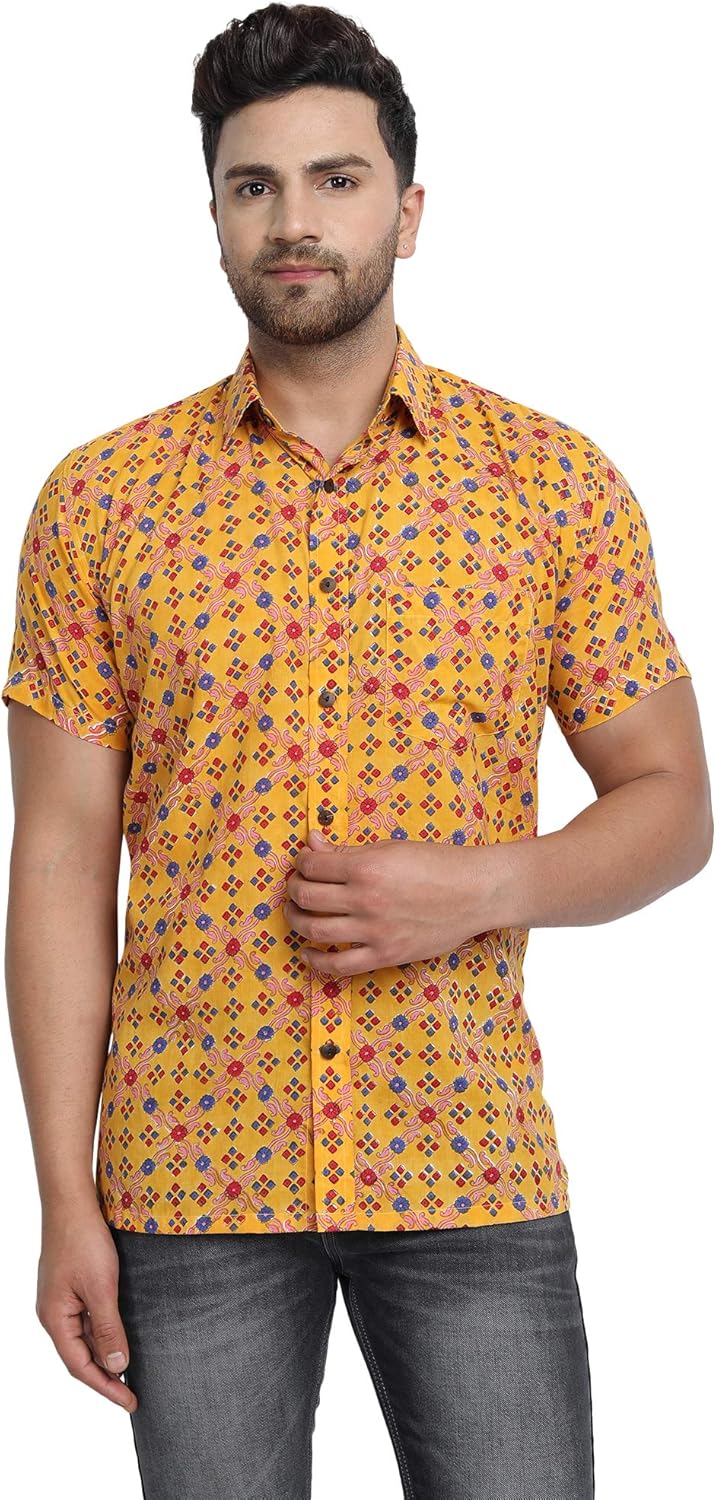 Buy Bannasa.Com Men's Jaipuri Hand Block Print Mustard Bandejh Regular ...