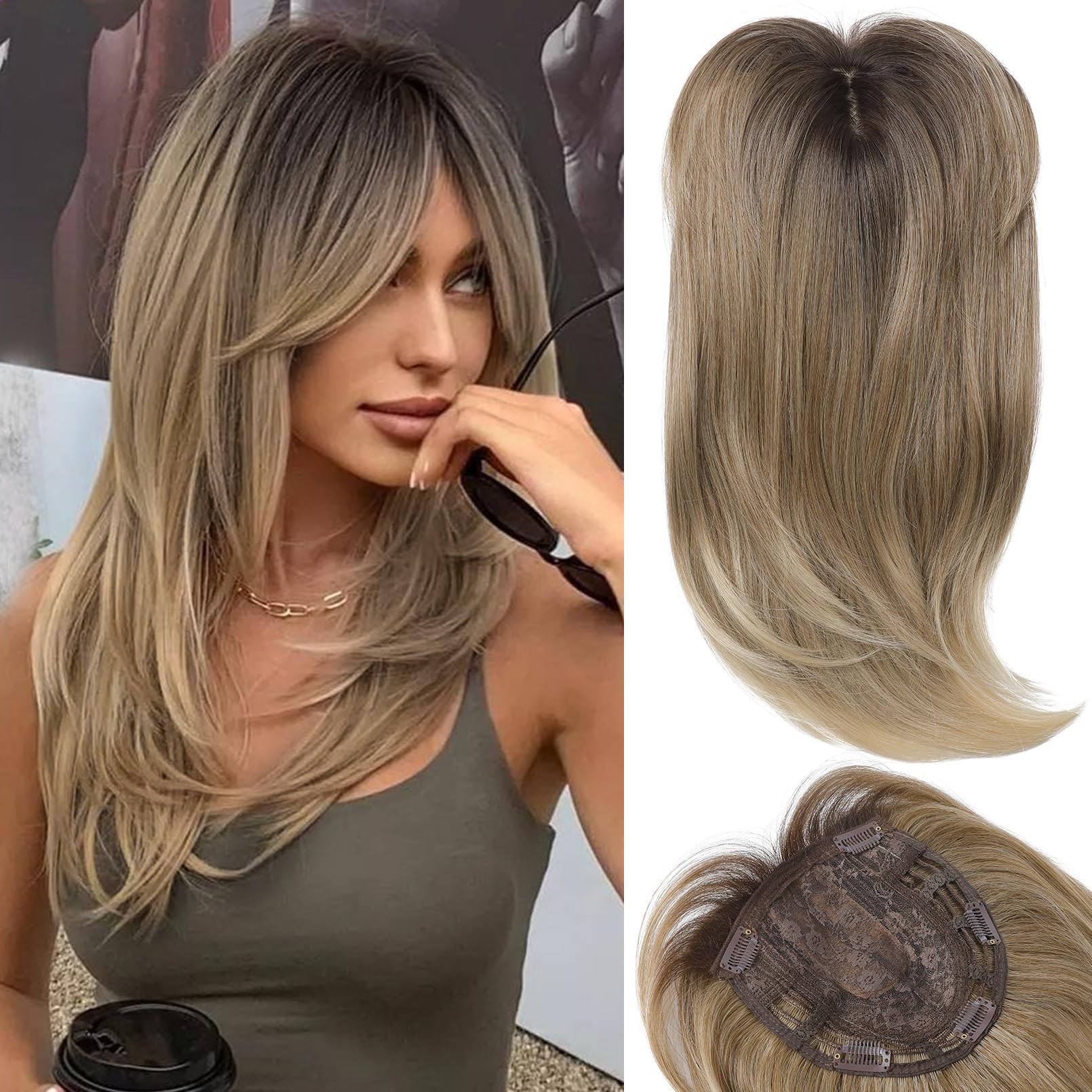 HOOJIH Hair Topper, Long Layered Hair Topper with Bangs for Women with ...
