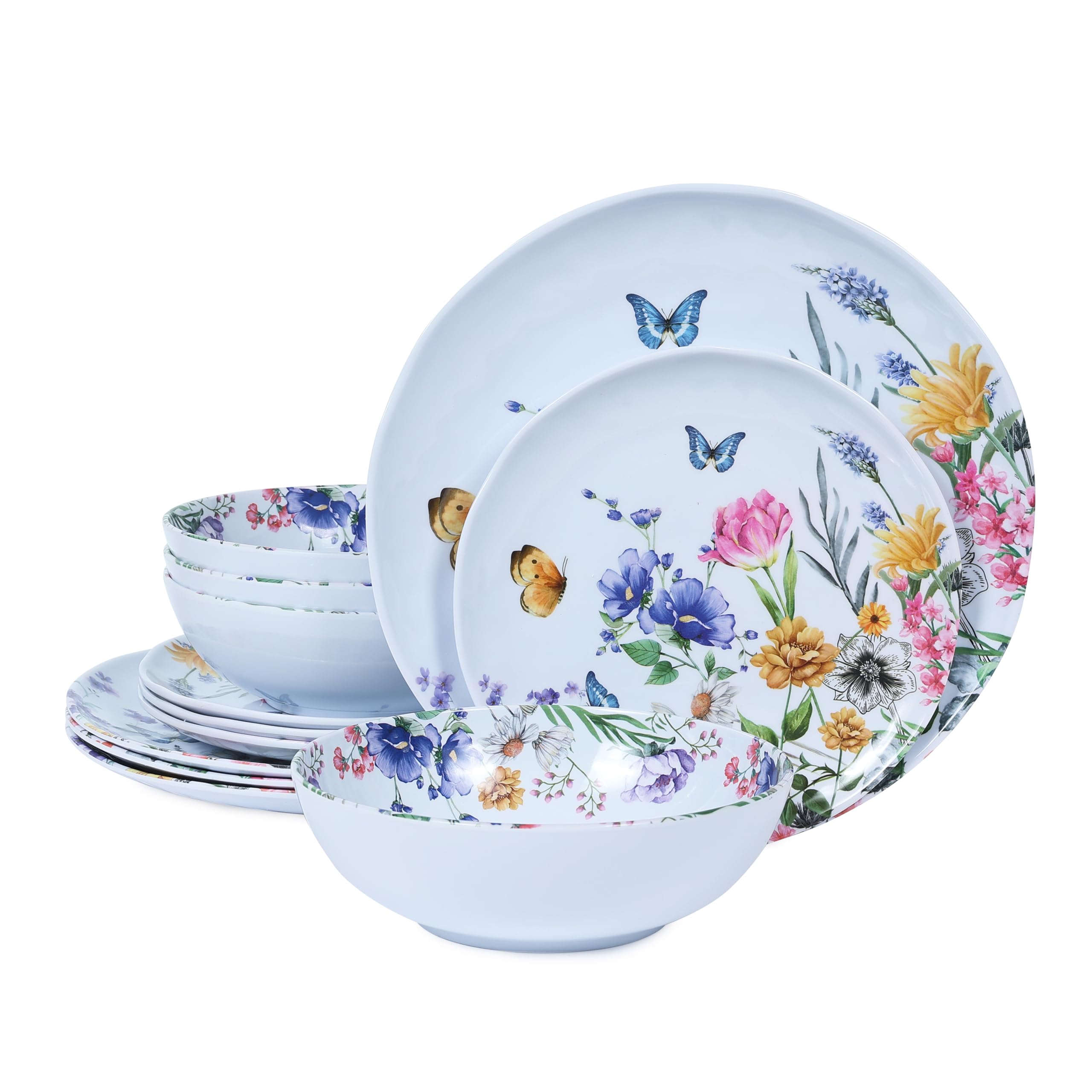 Lechoo 12 Piece Melamine Dinnerware Sets - Plates And Bowls Sets Floral ...