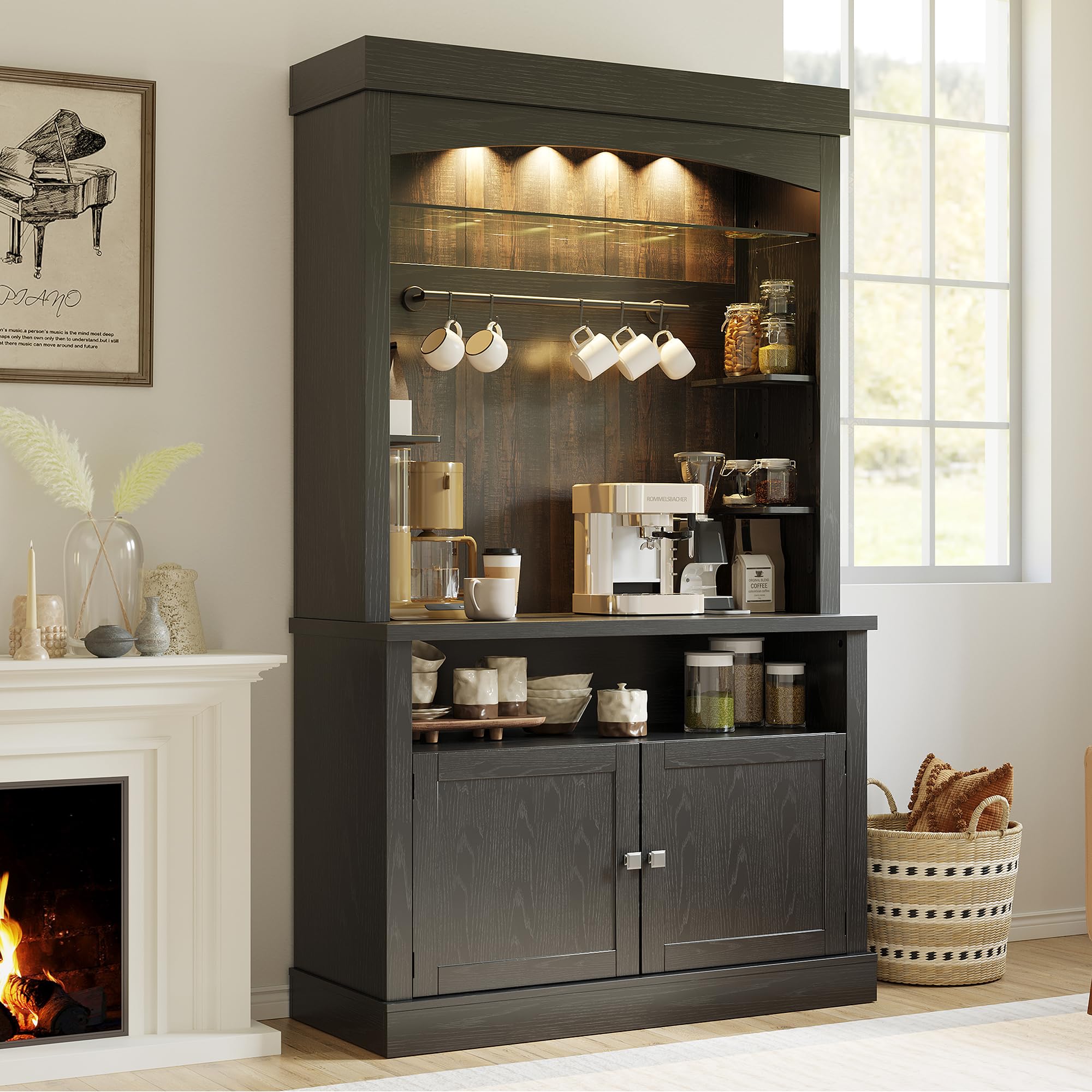 GarveeHome Coffee Bar Cabinet with LED Lights 72" Tall Buffet Cabinet ...