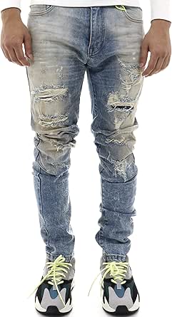 Smoke Rise Men's Aged Wash Distressed Slim Fit Denim Jeans at Amazon ...