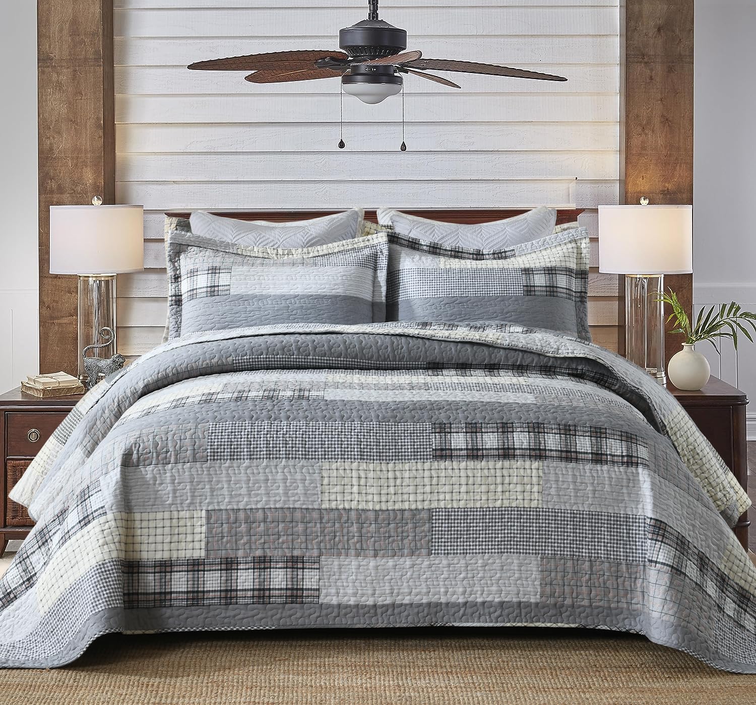 BCOTTOND Quilt Set King Size 100% Cotton King Size Farmhouse Plaid ...