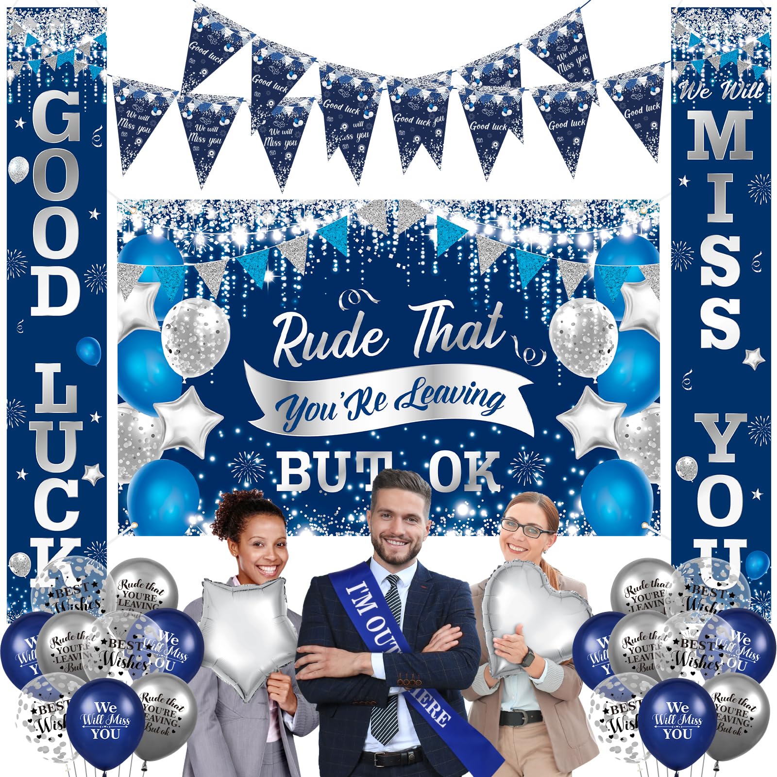30Pcs Farewell Party Decorations Blue Silver We Will Miss You Banner ...