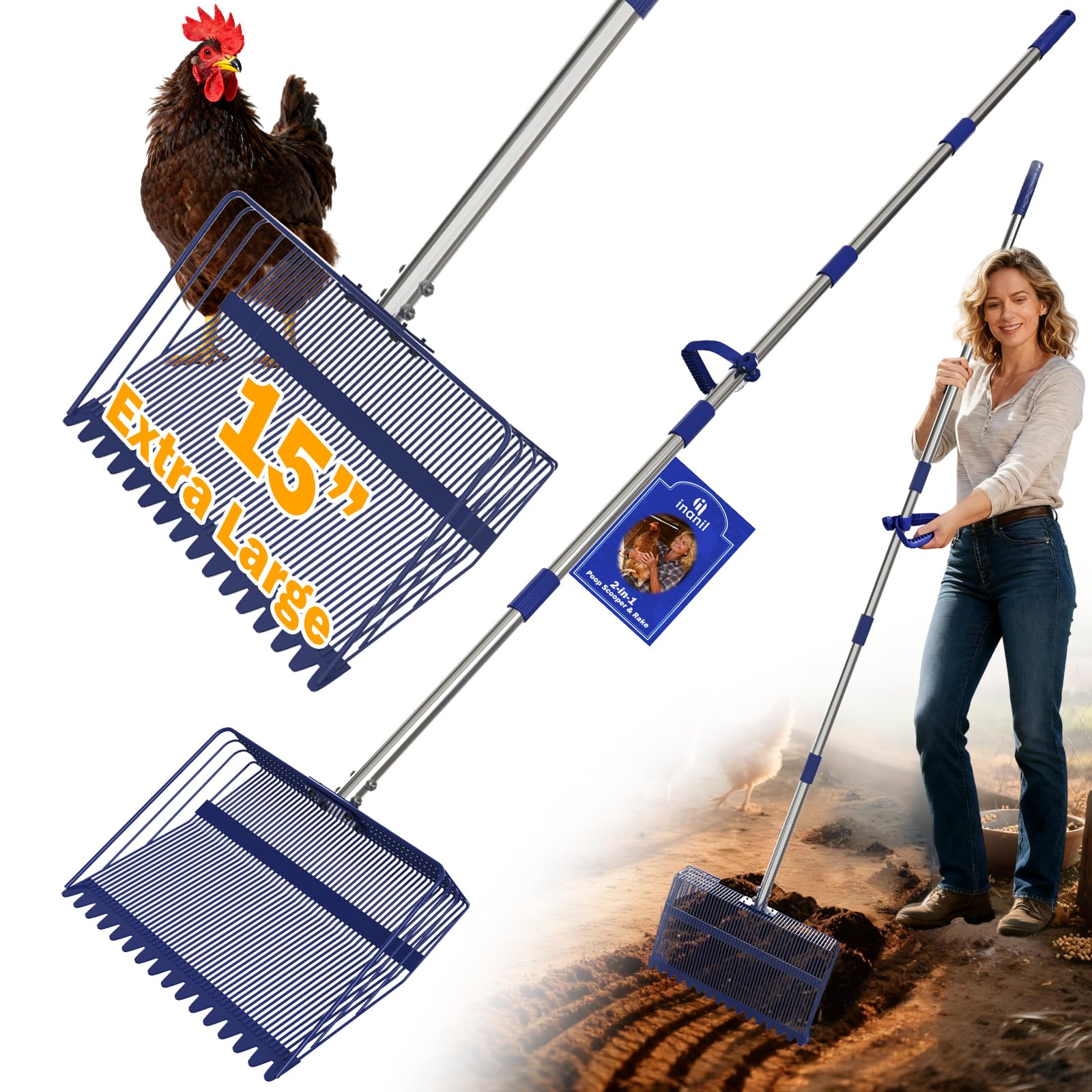 Chicken Poop Scooper & Rake 2-in-1 with Ergonomic Grip, Metal Chicken ...