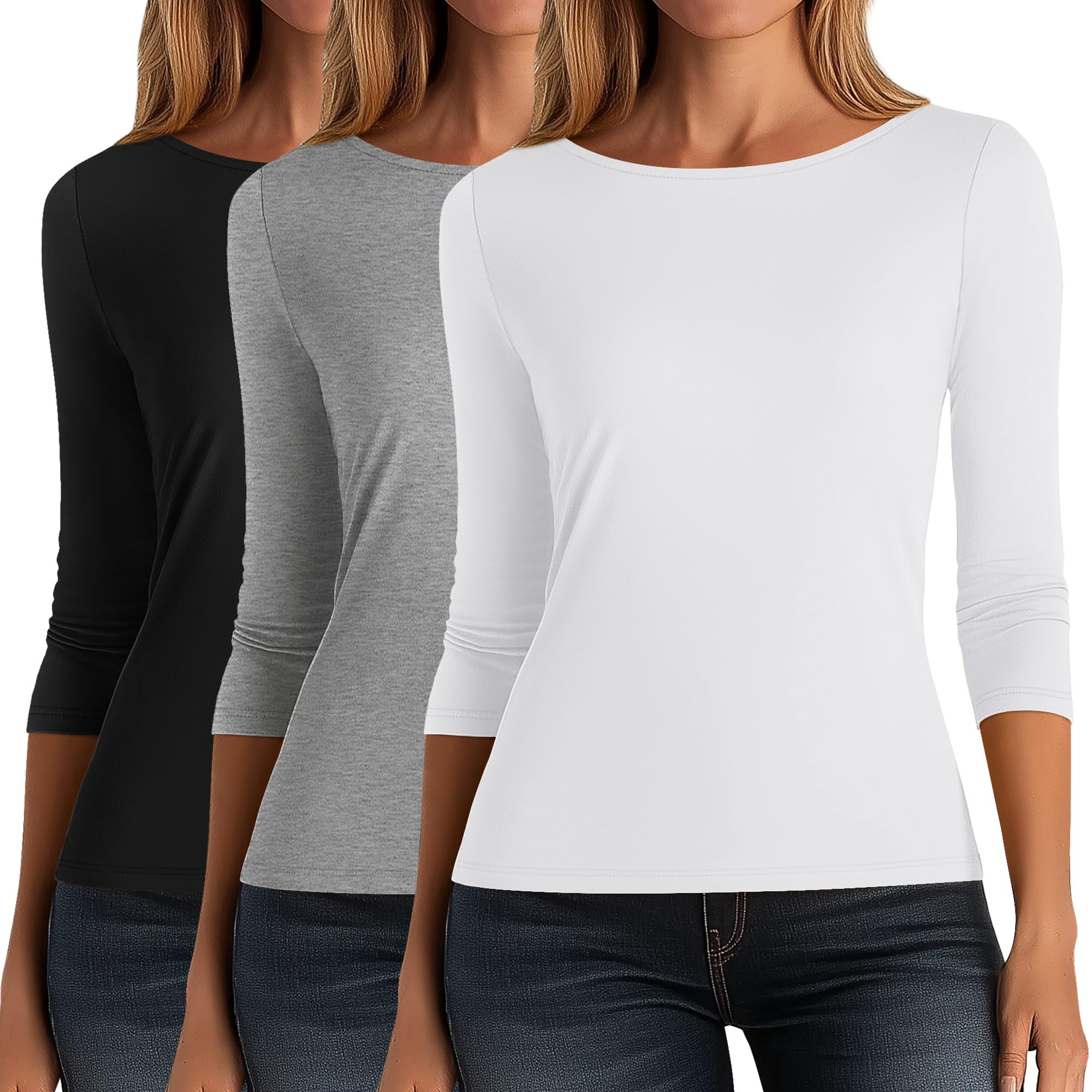 Ficerd 3 Pack Women's 3/4 Sleeve Boat Neck Cotton T Shirts Slim Fit ...