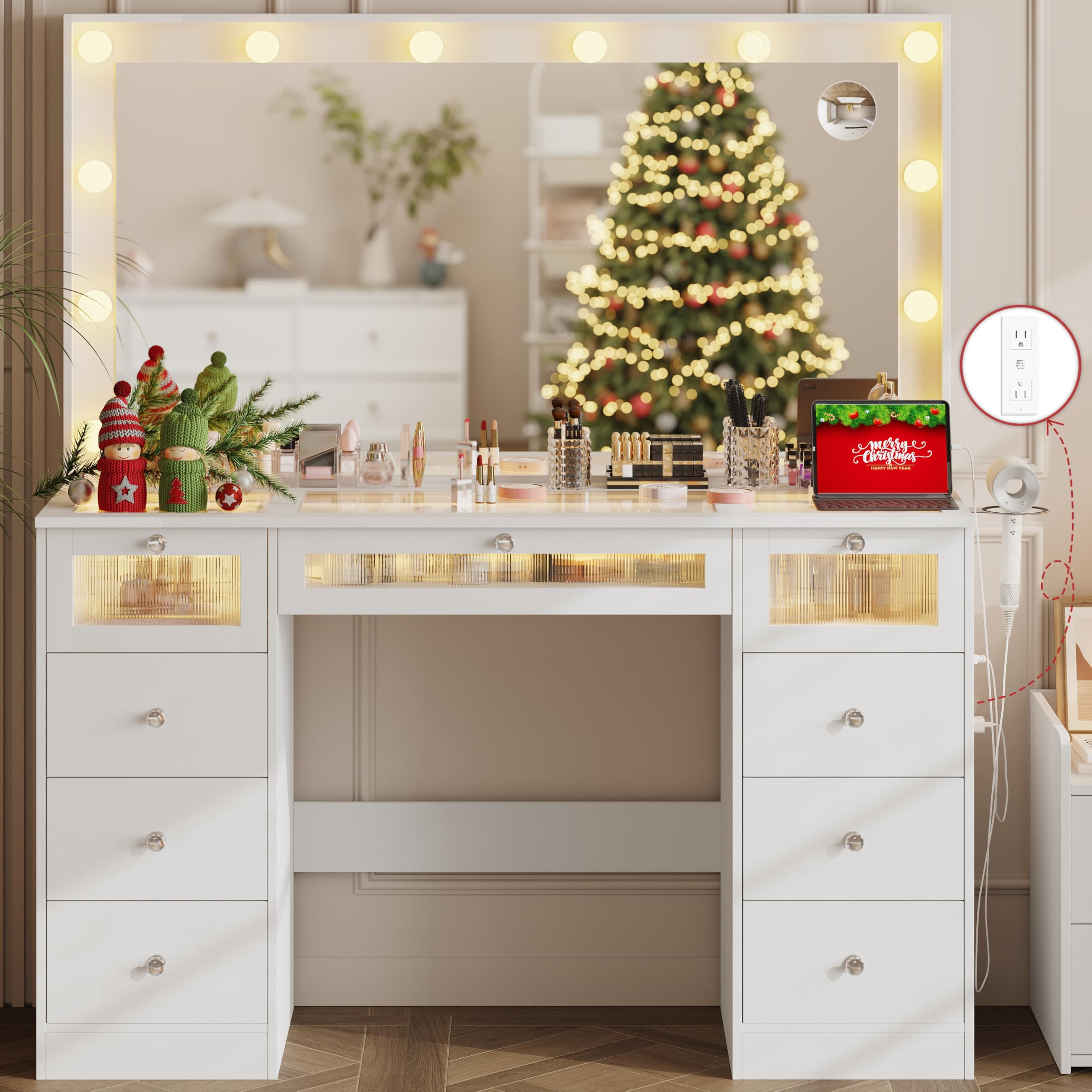IFSEB Makeup Vanity Desk with LED Lights and Large 36.9’’ Mirror, 9 ...