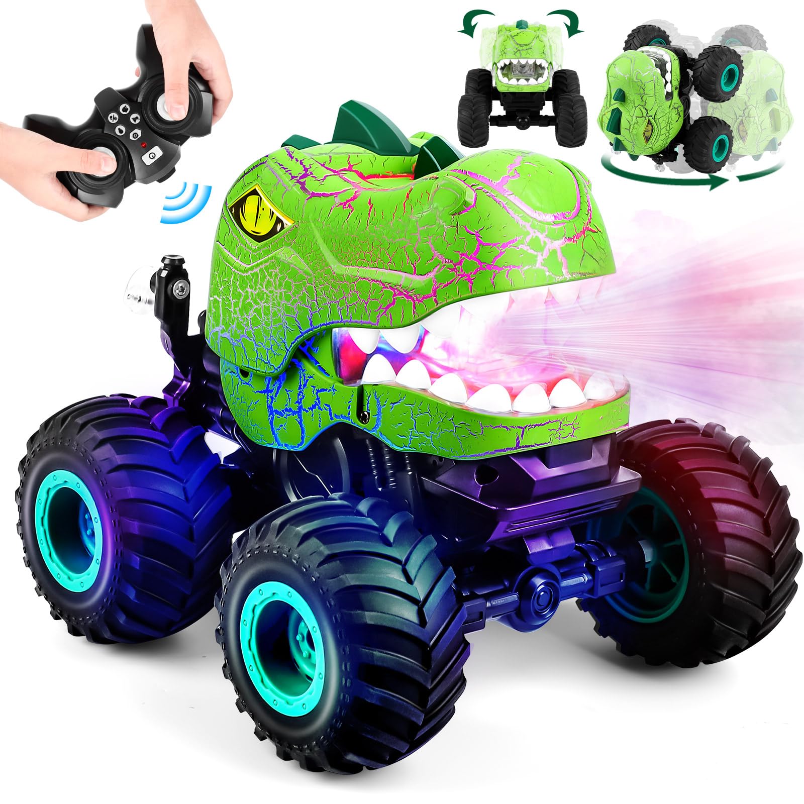 Monster Truck Toys, Dinosaur Remote Control Car for Kids, 360° Rotating RC Car with Spray, Light ...