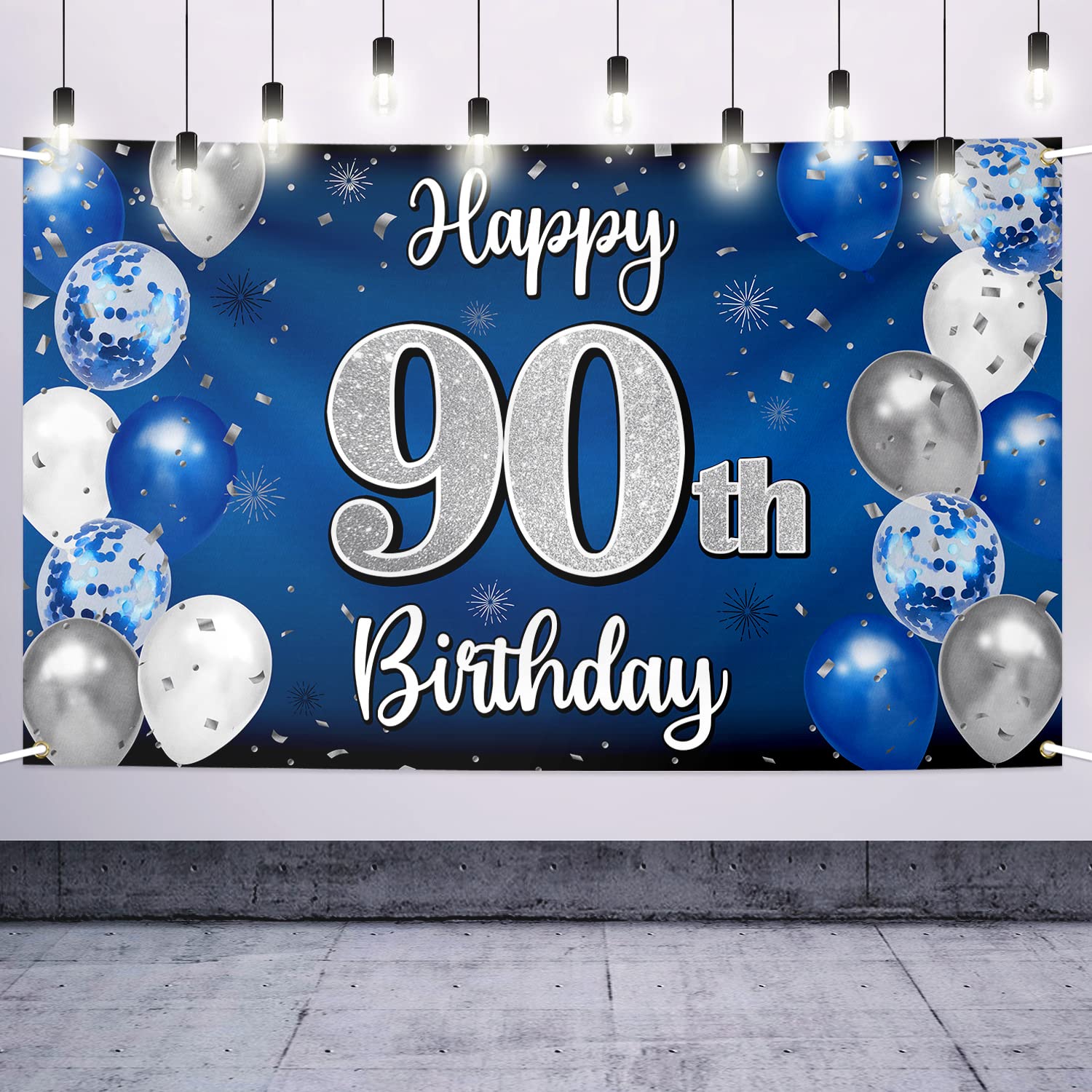Nelbiirth Happy 90th Birthday Decorations,90th Blue & Silver Balloon ...