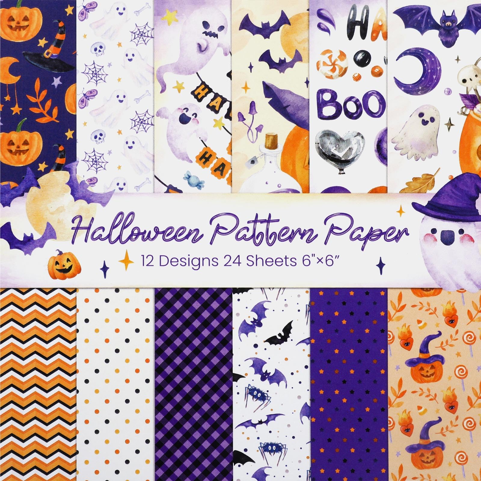 PUIKSXER Halloween Pattern Paper, 6 x 6'' Watercolor Pumpkin Spider ...