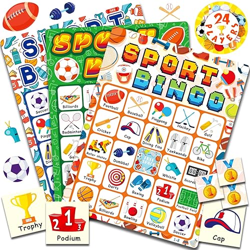 YTSQLER Sports Bingo Game 24 Players Kids Bingo Sports Party Game ...