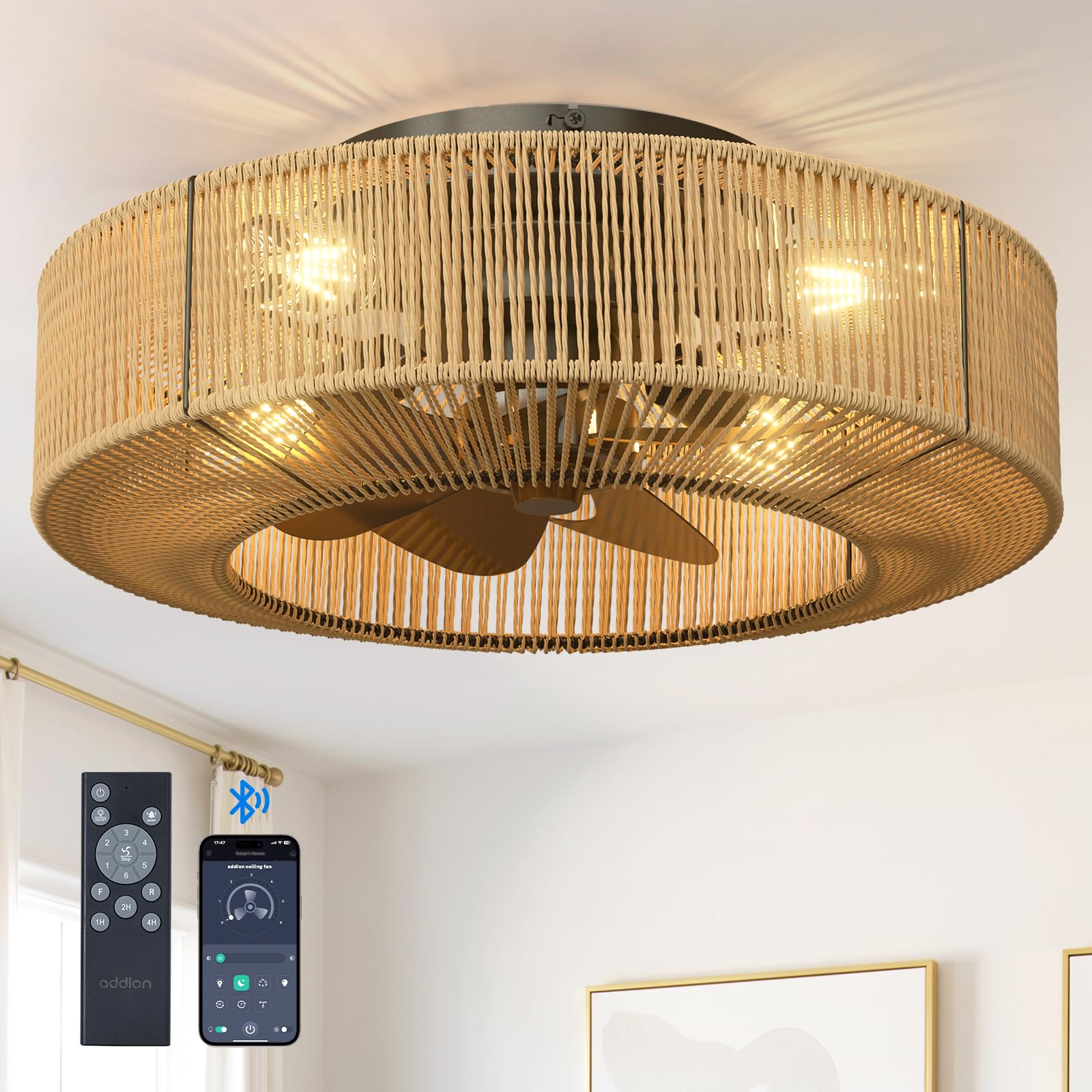 addlon 20" Boho Ceiling Fan with Light and Remote, Woven Caged Low ...