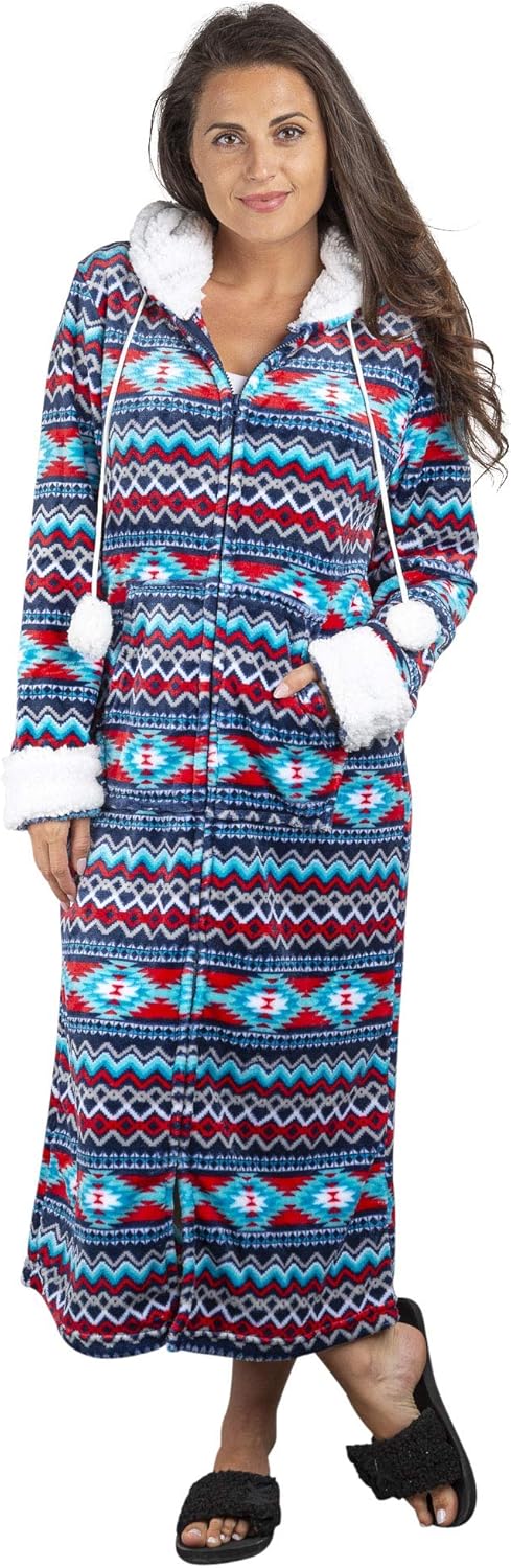 TrailCrest Aztec Womens Lightweight Soft Fleece Hooded Zip Up Lounge ...