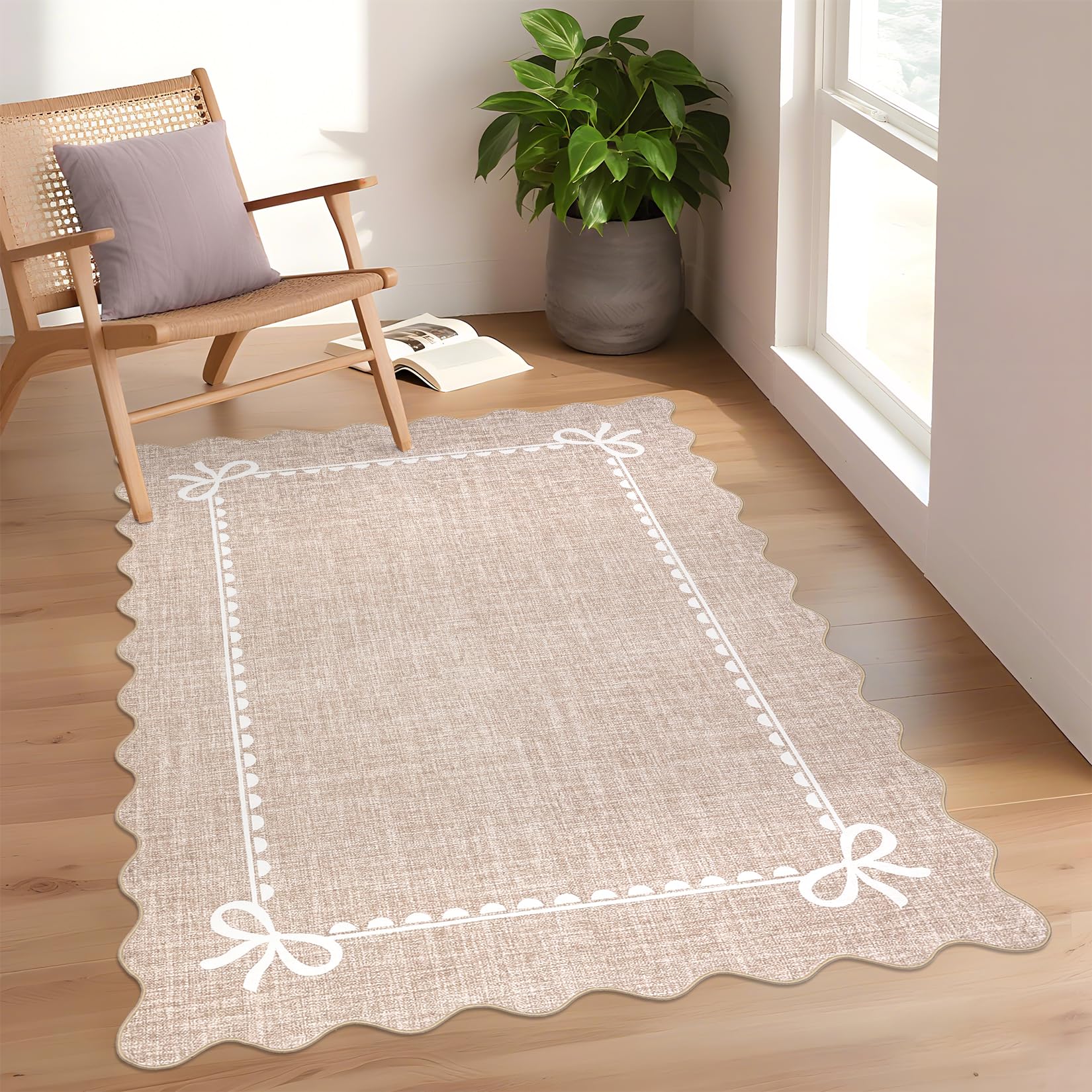 GarveeHome Scalloped Bow Rug for Living Room, Solid Camel Rug for Dorm ...