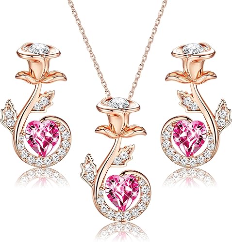 Sllaiss 18K Rose Gold Rose Flower Necklace and Earrings Jewelry Set for ...