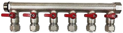 6 Loop Plumbing Manifold w/ 3/4" trunk & 1/2" pex ball valves, red ...