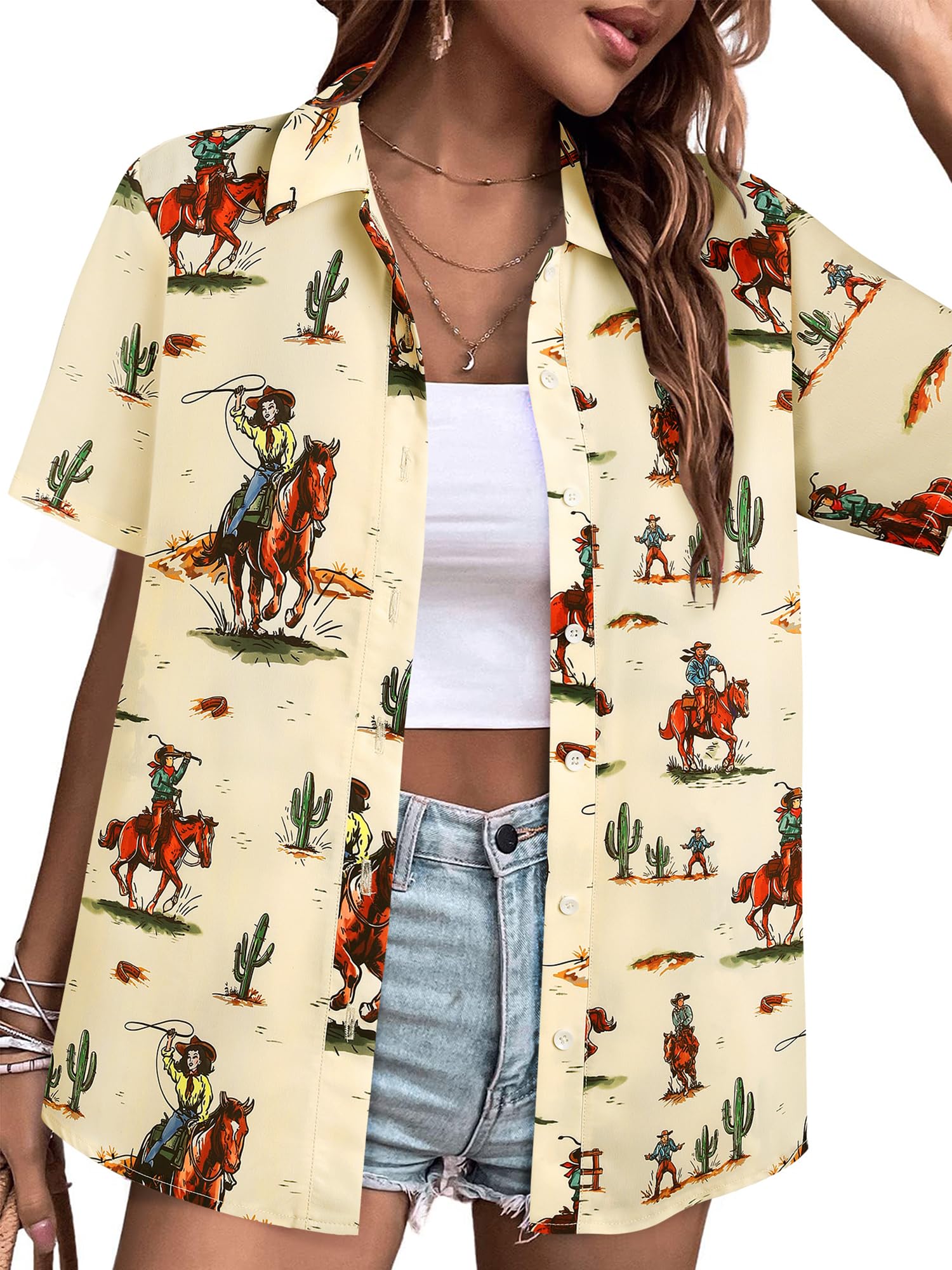 MYMORE Womens Western Cowgirl Shirt Top Hawaiian Rodeo Cowboy Country ...