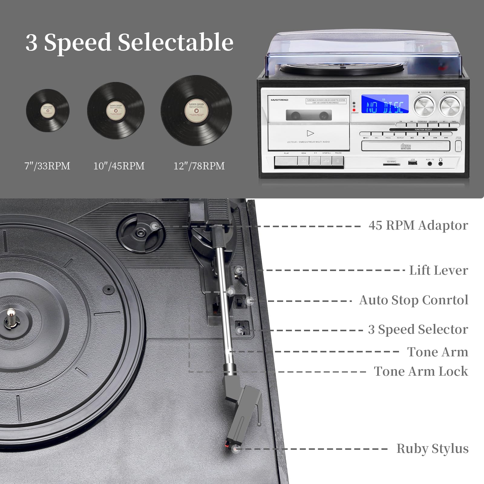 Mua MUSITREND 10 in 1 Record Player with Dual Stereo Speakers Vintage 3 ...