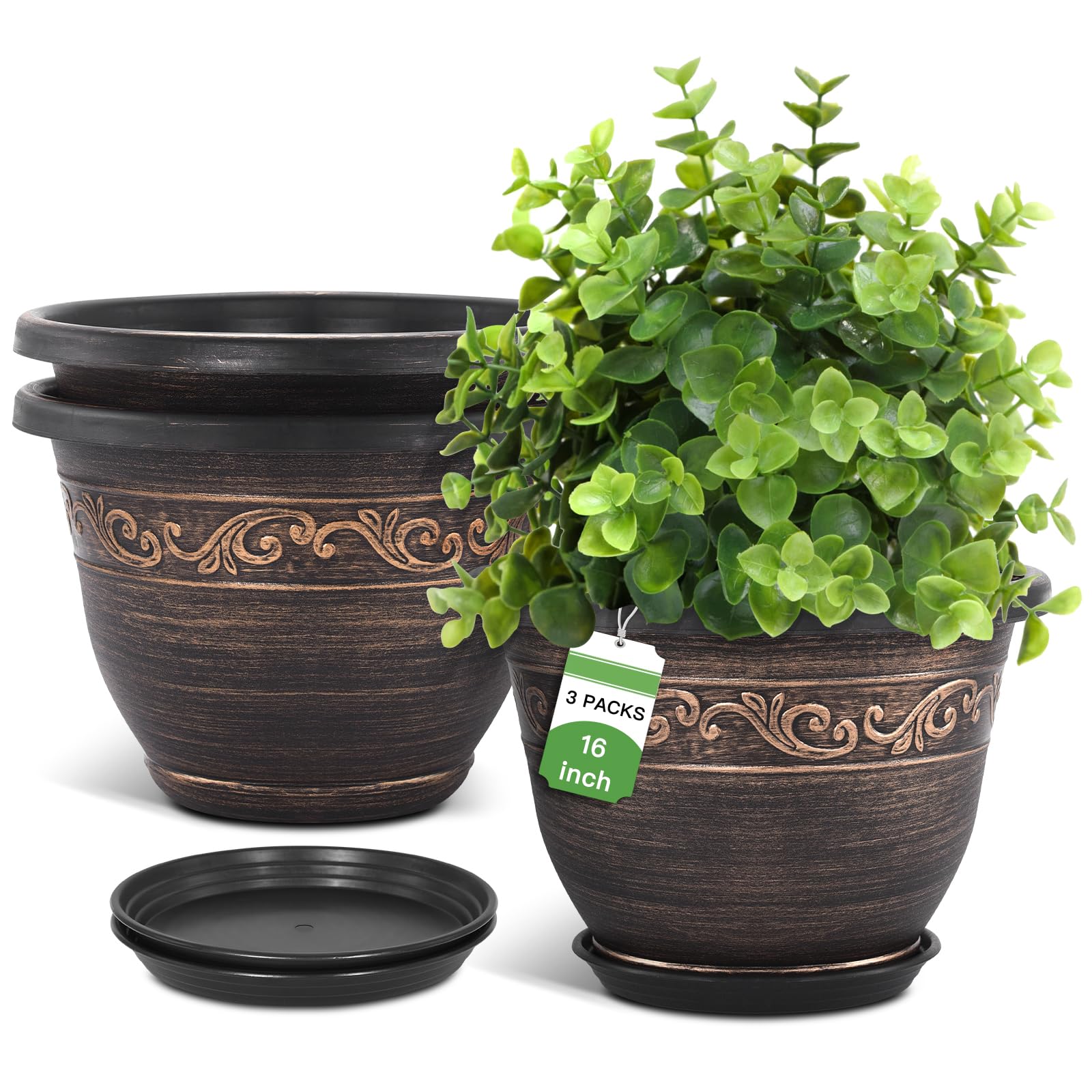 Plastic-Plant-Flower-Planters-16 Inch with Drainage Hole & Saucer, 3 ...