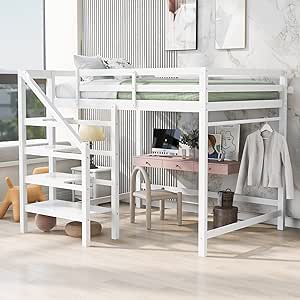 Amazon.com: Merax Full Size Wood Loft Bed with Built-in Storage Staircase and Hanger for Clothes ...