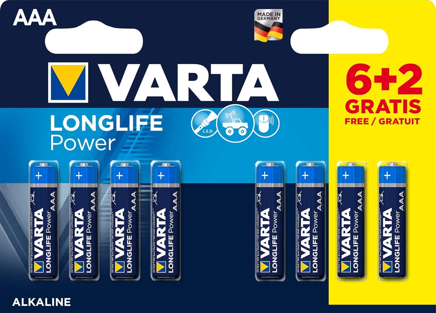 Varta – Long Life Power/ High Energy Alkaline Battery AAA x 6 + 2 Free (LR03) (Package may vary ...