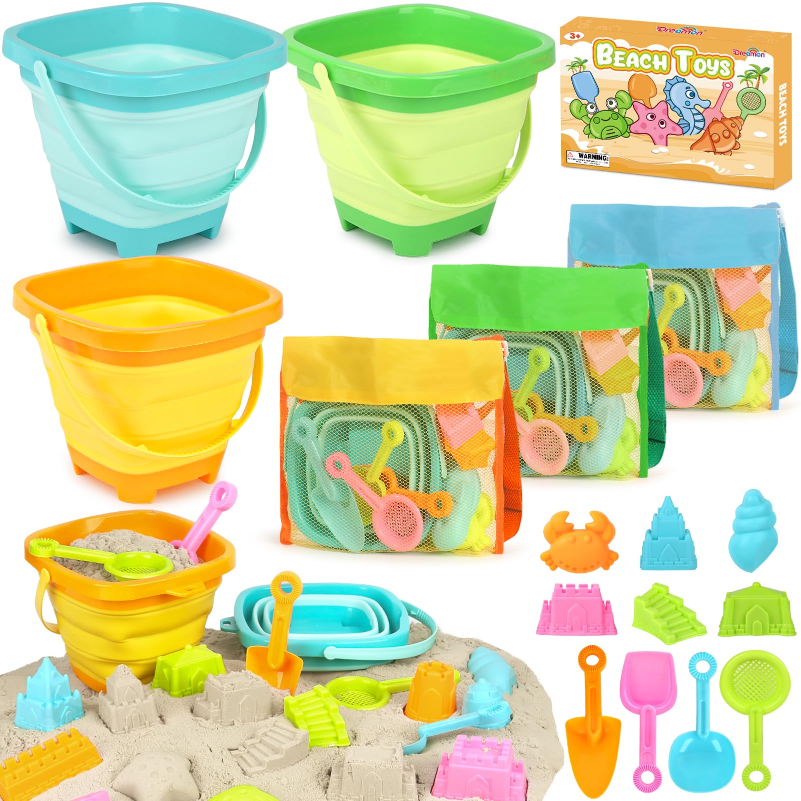 Dreamon Beach Toys for Kids 3-10, Collapsible Sand Toys Include 3 Pack ...