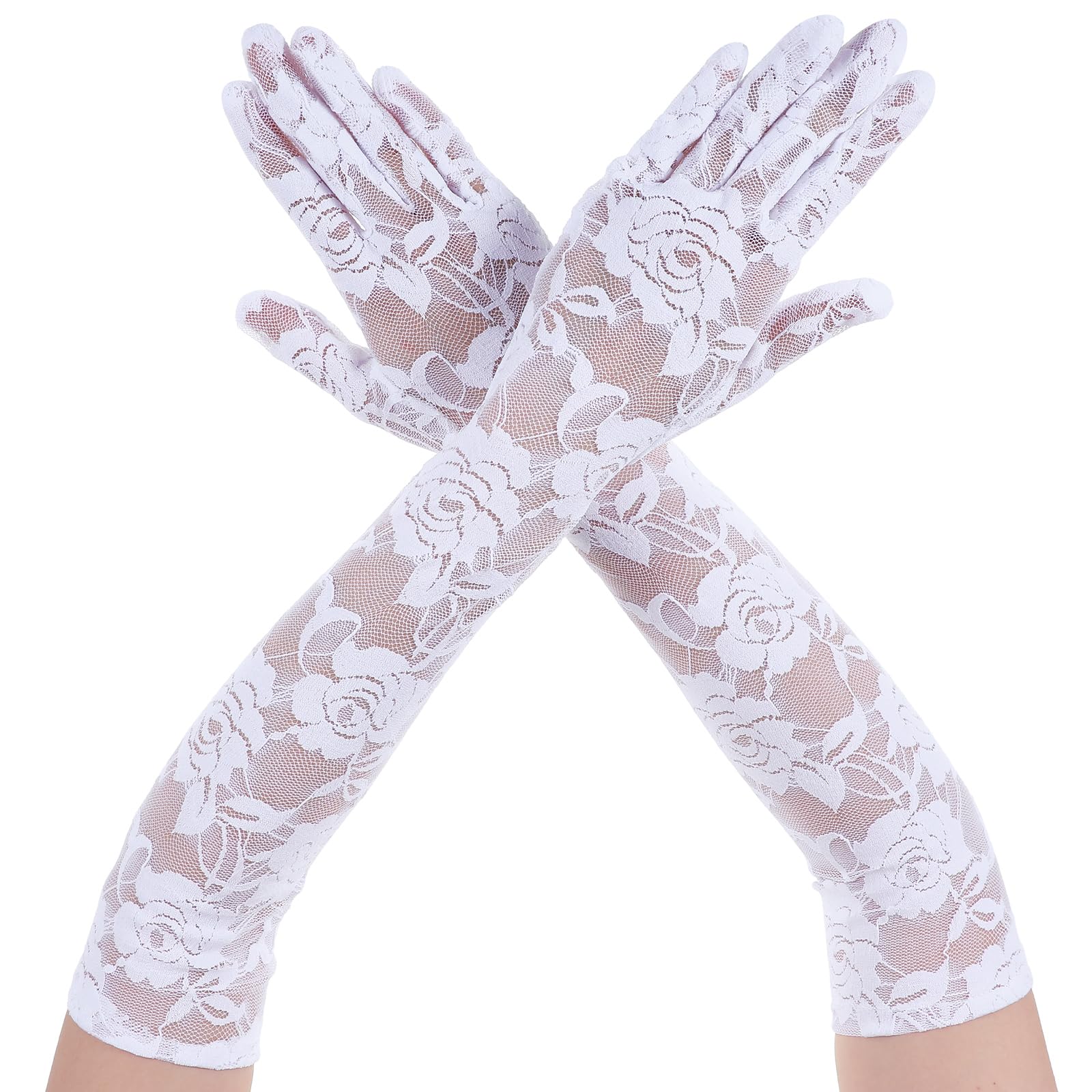 White Lace Gloves Long Lace Floral Gloves Sheer Mesh Tulle Gloves ...