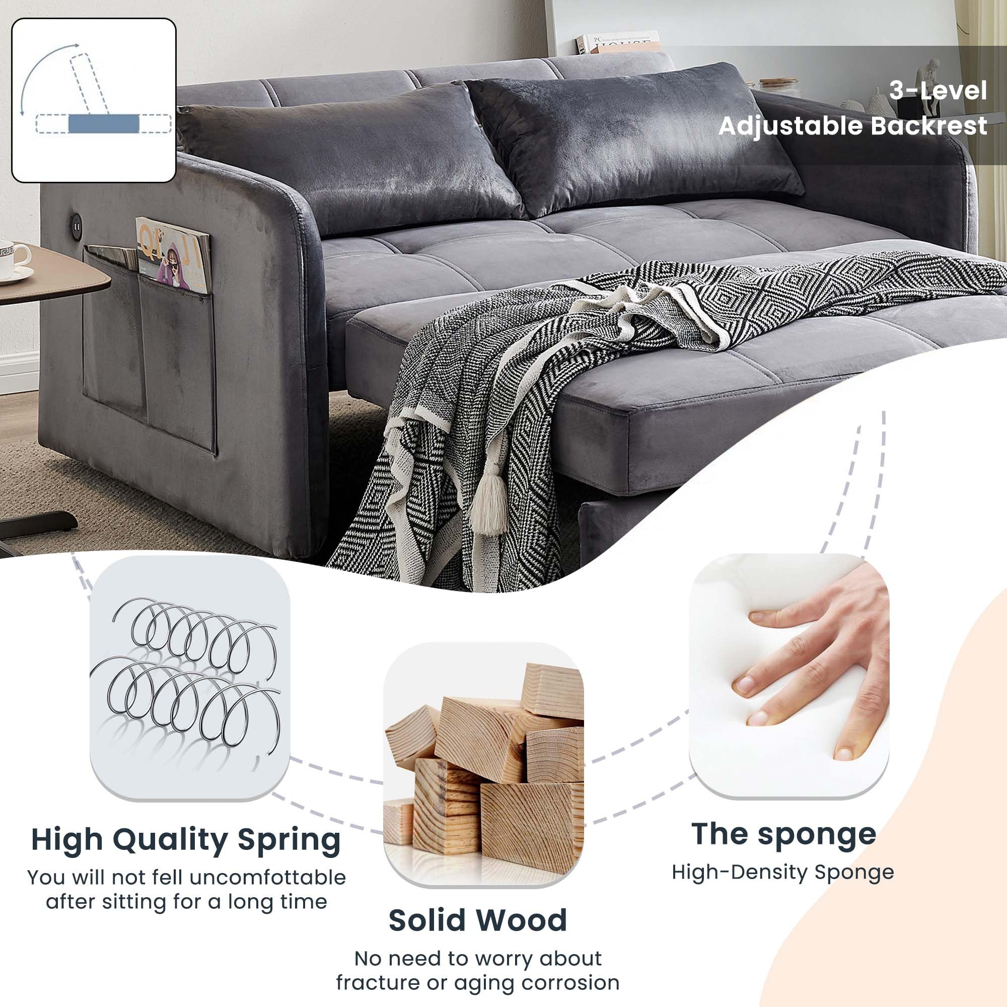 SumKea Sleeper 3-in-1 Convertible Couch With Pull Out Bed, Velvet Futon ...