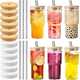 8Pack Glass Tumbler Cups with Bamboo Lids and Straws, 16oz Iced Coffee ...