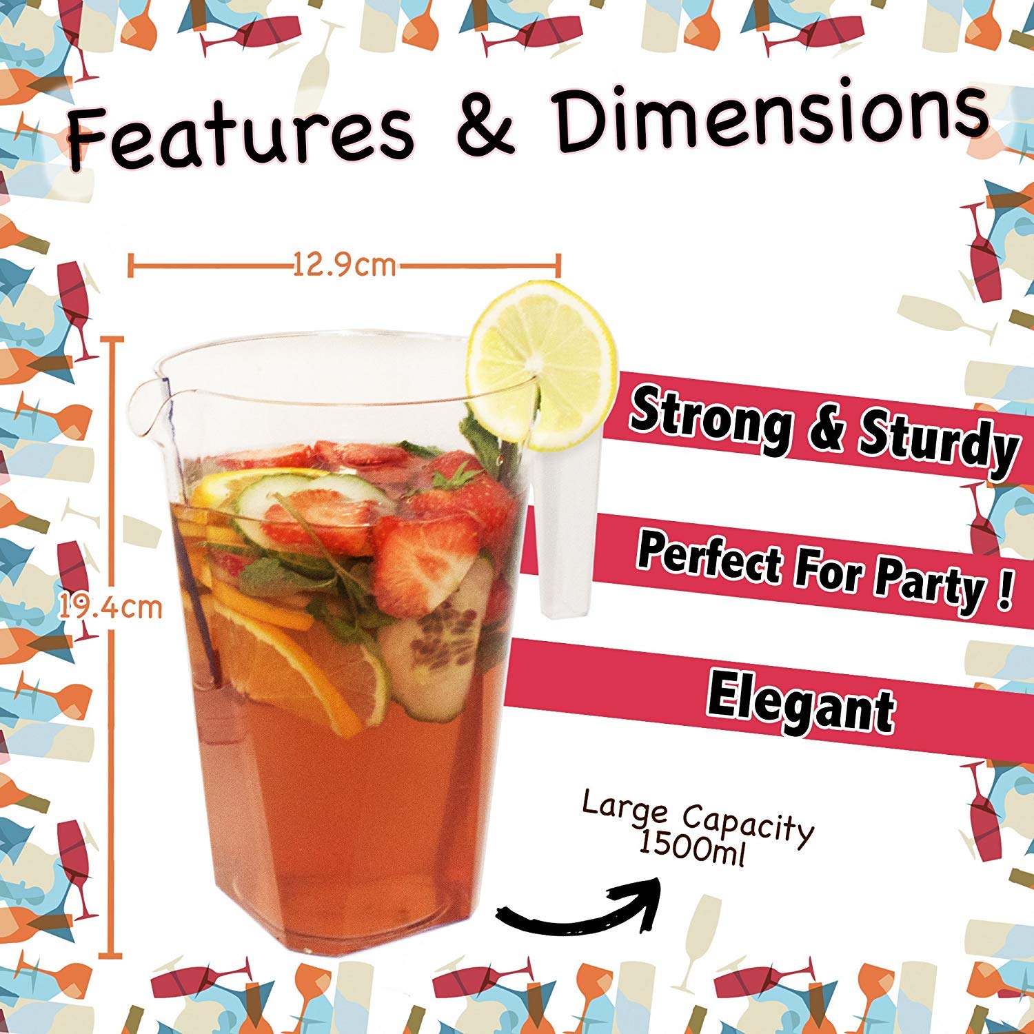 6 Pack Disposable Party Jugs Pitcher 1.5 Litre/ 52 Oz Party Tableware ...