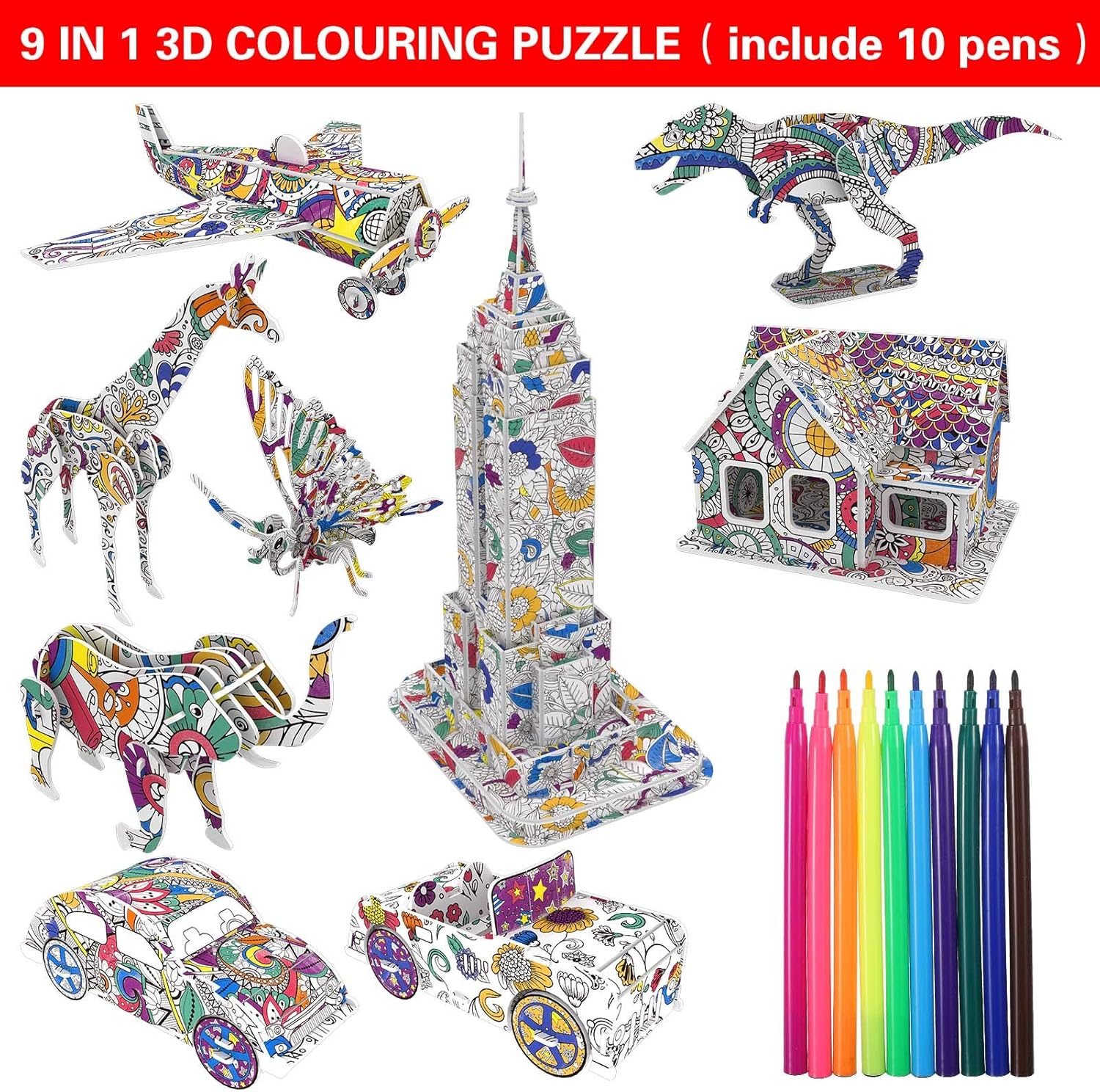 SOSPIRO 3D Coloring Puzzle Set 3D Painting Coloring Puzzle Set with 10 ...