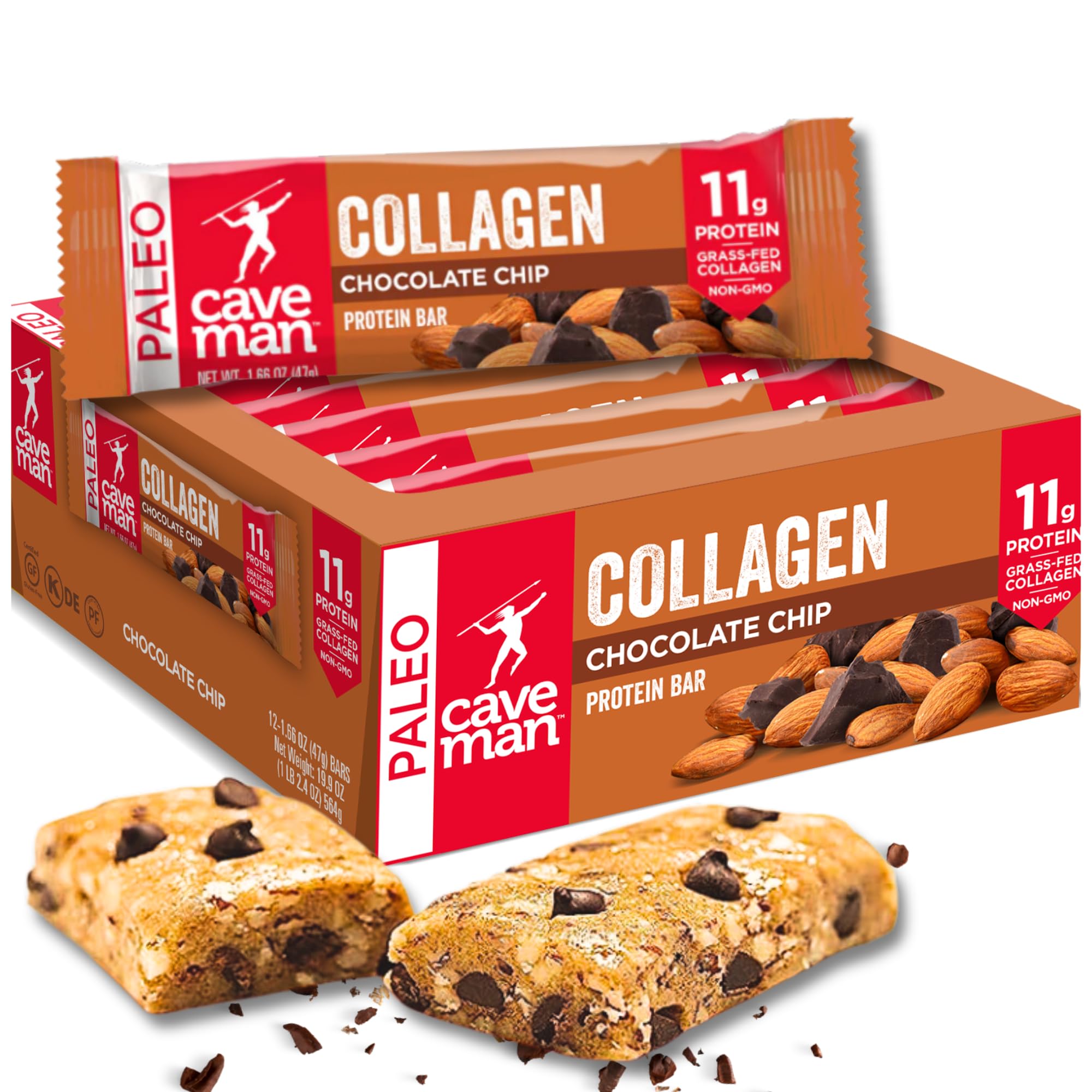 Caveman Foods Collagen Chocolate Chip Protein Bar, 12-Pack, Organic ...