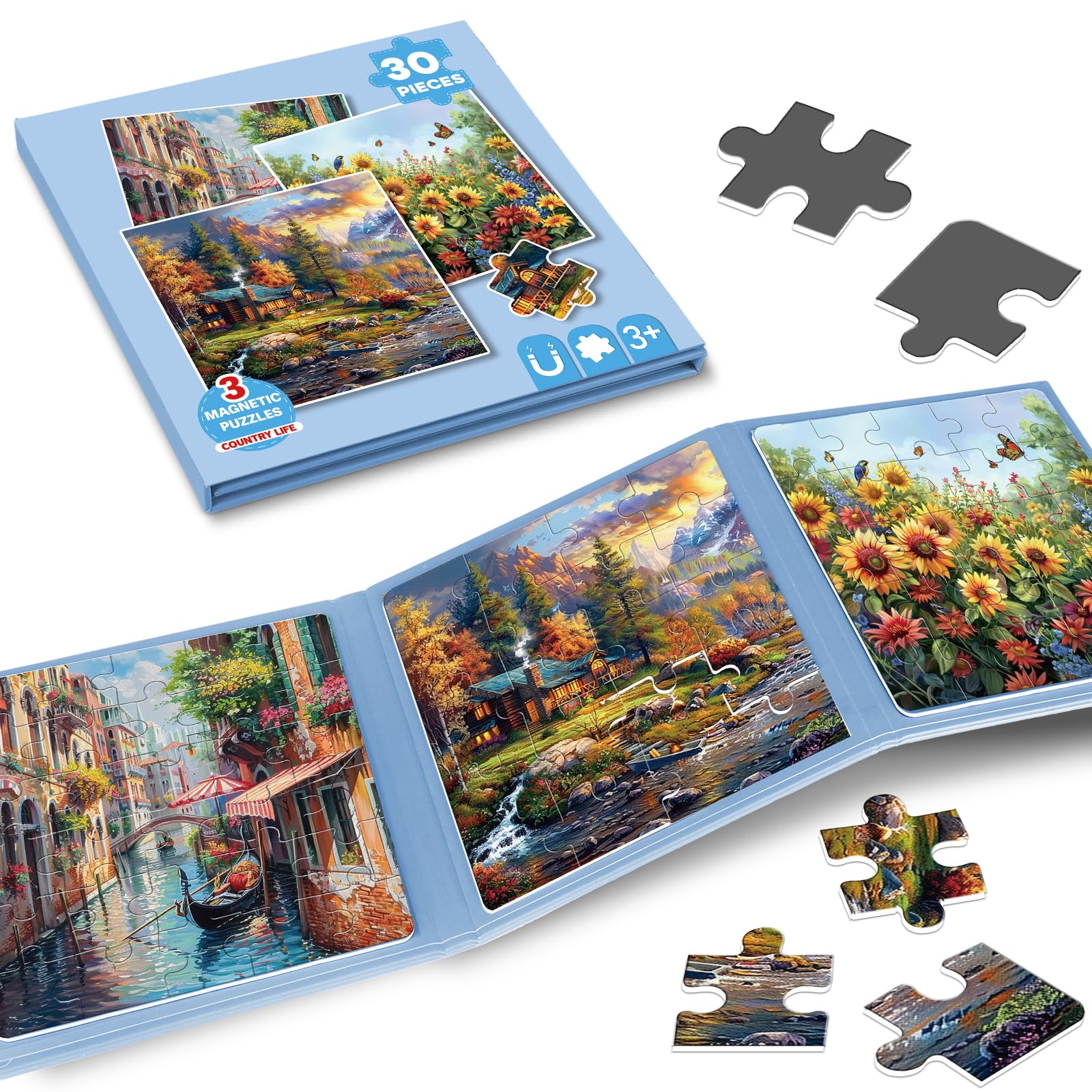 3 Pack Large Piece Dementia Puzzles for Elderly Scenery Magnetic Jigsaw ...