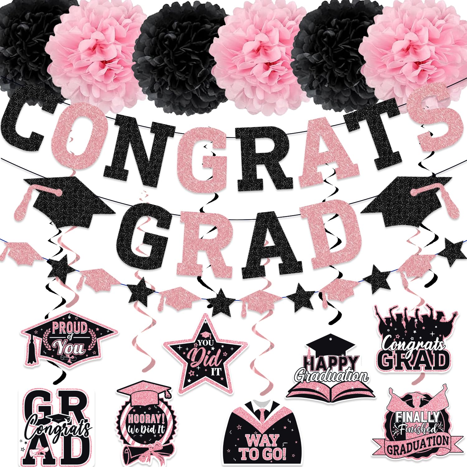 2025 Graduation Decorations, Black and Pink Glitter Congrats Grad ...