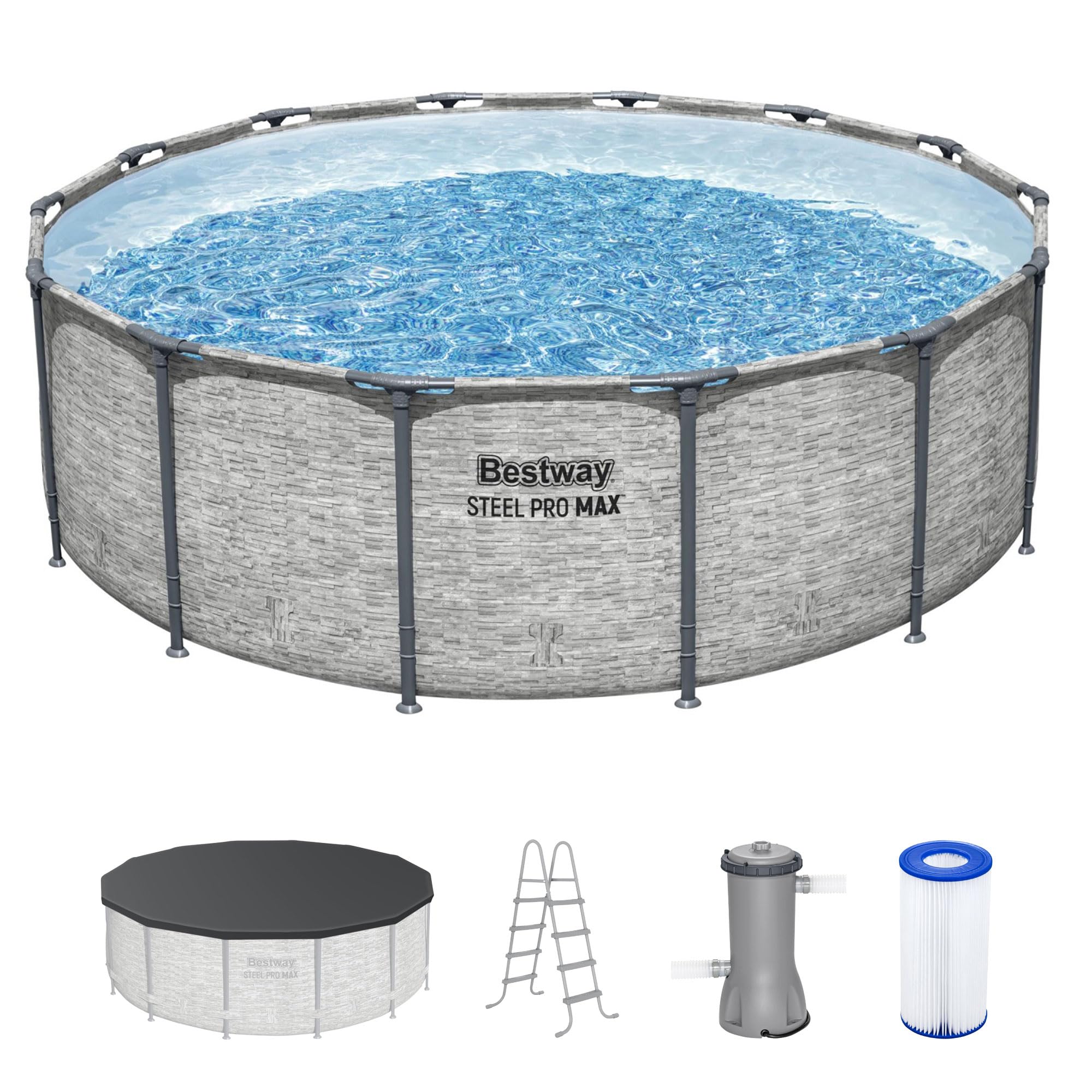 Bestway Steel Pro MAX 14 Foot x 48 Inch Round Metal Frame Above Ground Outdoor Swimming Pool Set ...