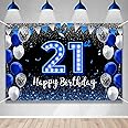 Amazon.com: Happy 21st Birthday Backdrop Banner Blue Black Theme ...
