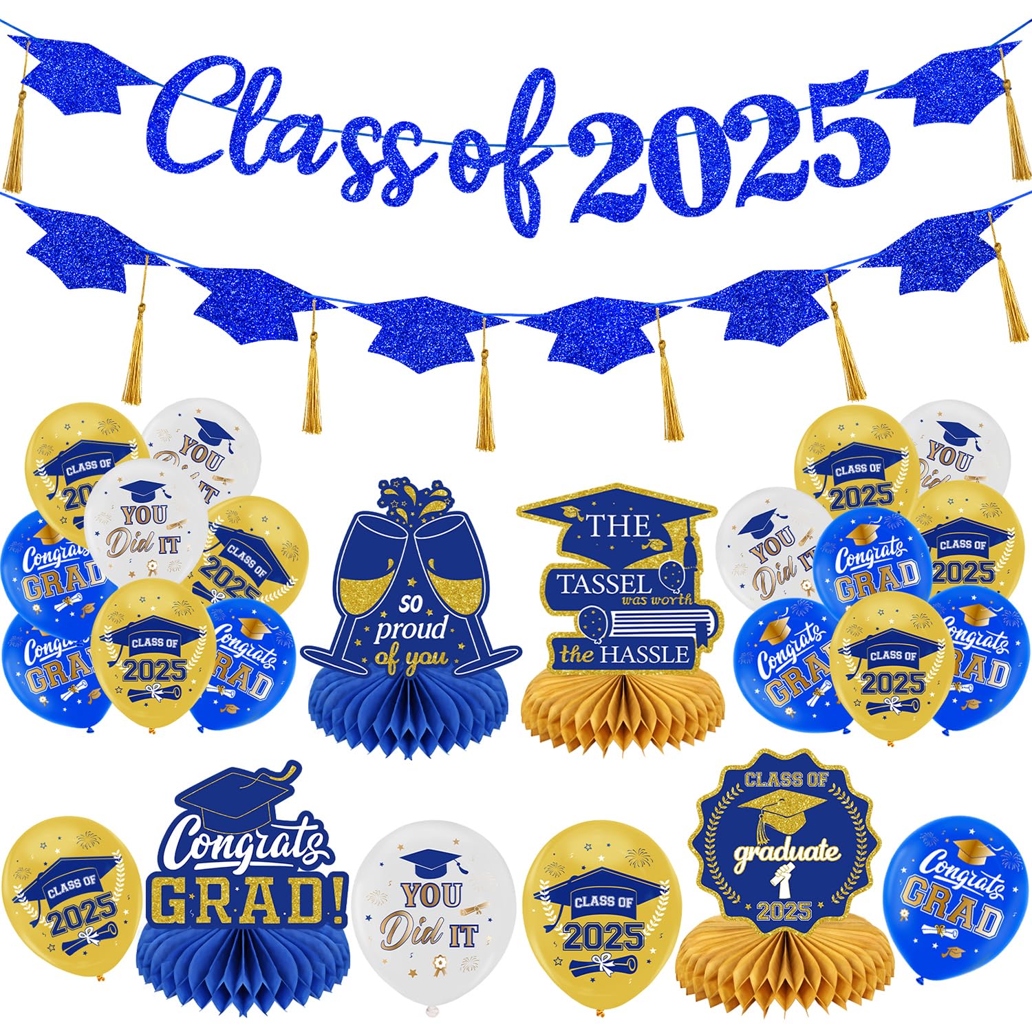 Blue 2025 Graduation Decorations Set - Class of 2025 Banner, Grad Cap ...