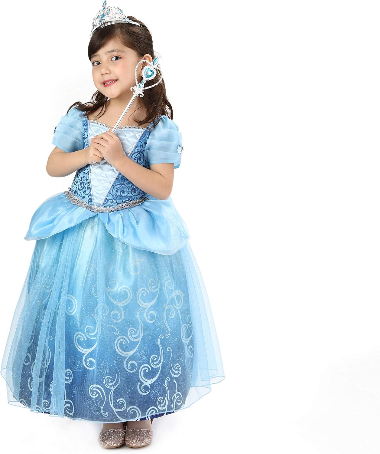Girls Deluxe Cinderella Princess Fancy Dress with Tiara and Wand for ...