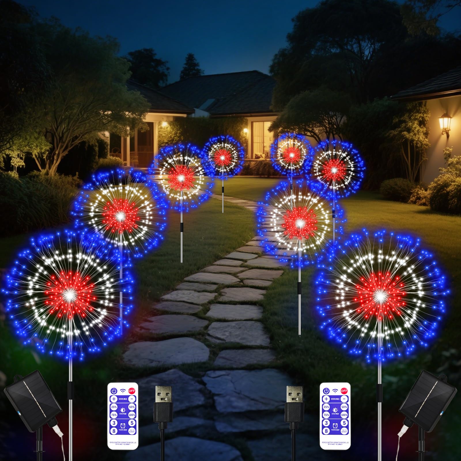 8 Pack 4th of July Decorations Outdoor Solar Firework Lights, Timer ...