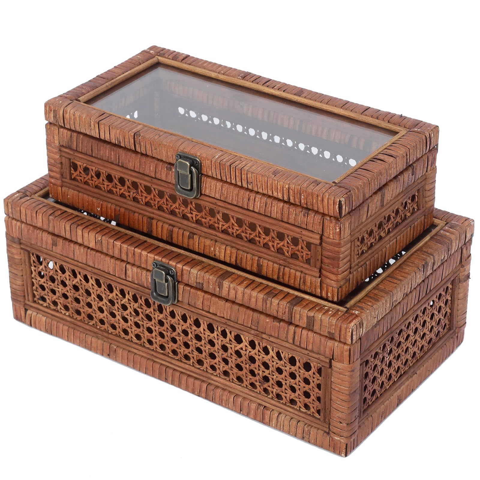 DECOR4SEASON Rattan and Cane Stacking Boxes with Glass Top Lid - Set of ...