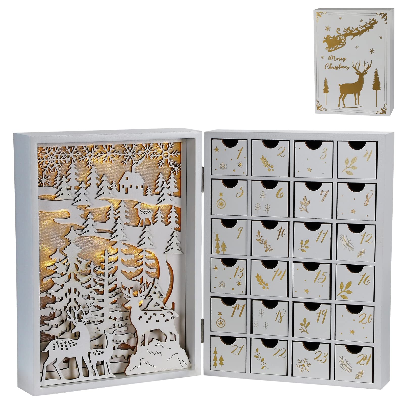 MorTime White Advent Calendar Book with 24 Drawers, Lighted Wooden ...