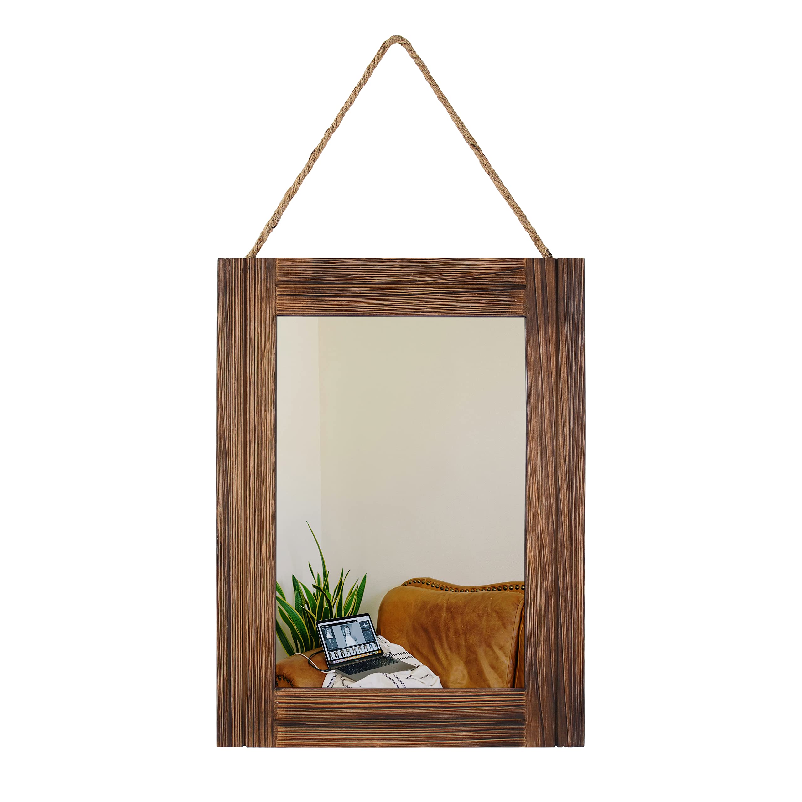 Emaison 16 X 12 Inch Rustic Wood Framed Wall Mirror with Hanging Rope ...