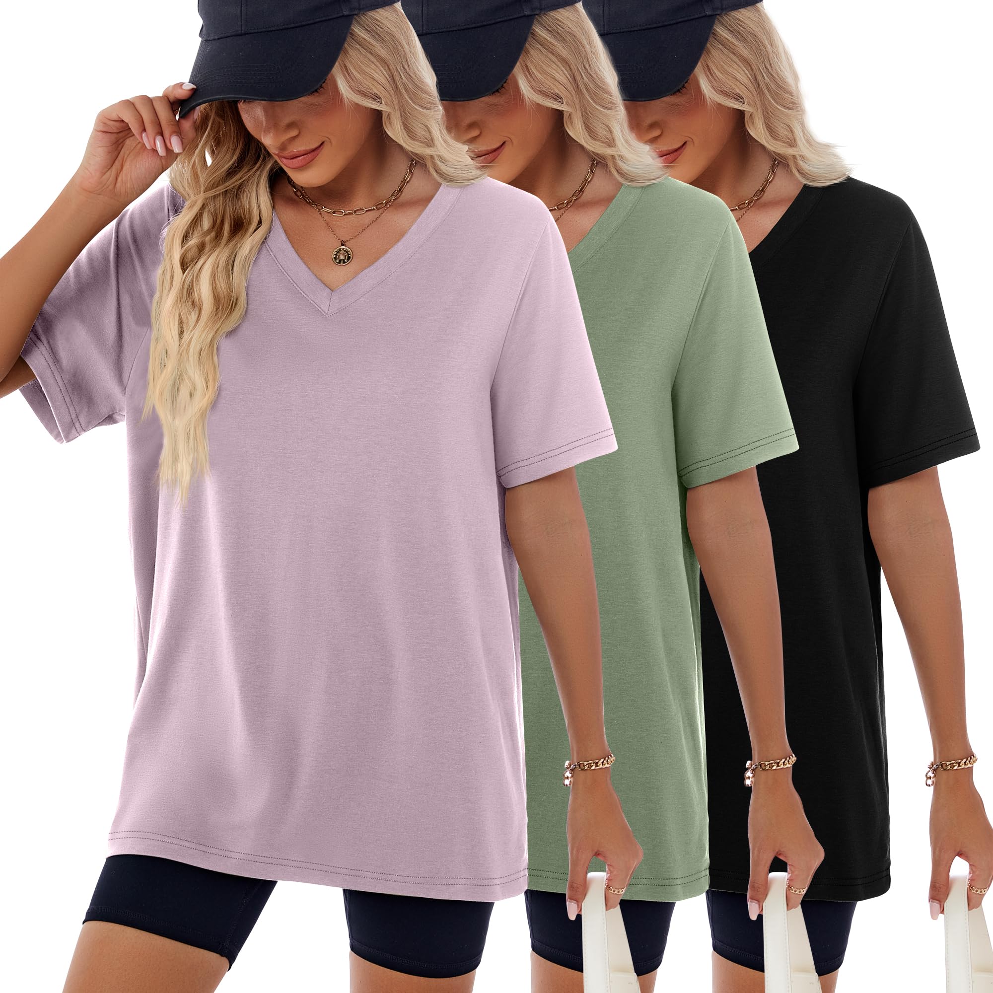 Huukeay 3 Pack Women's Oversized T Shirts 95% Cotton V Neck Half Sleeve ...