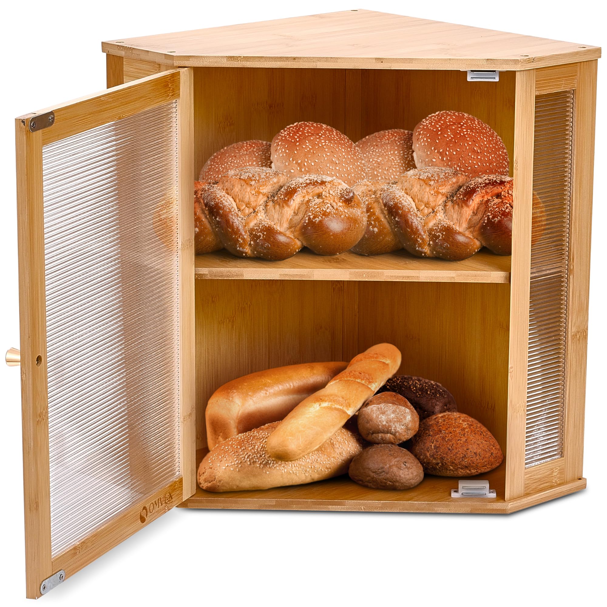 OMVEX Corner Bread Box for Kitchen Counter – Double Layer Bamboo Bread ...