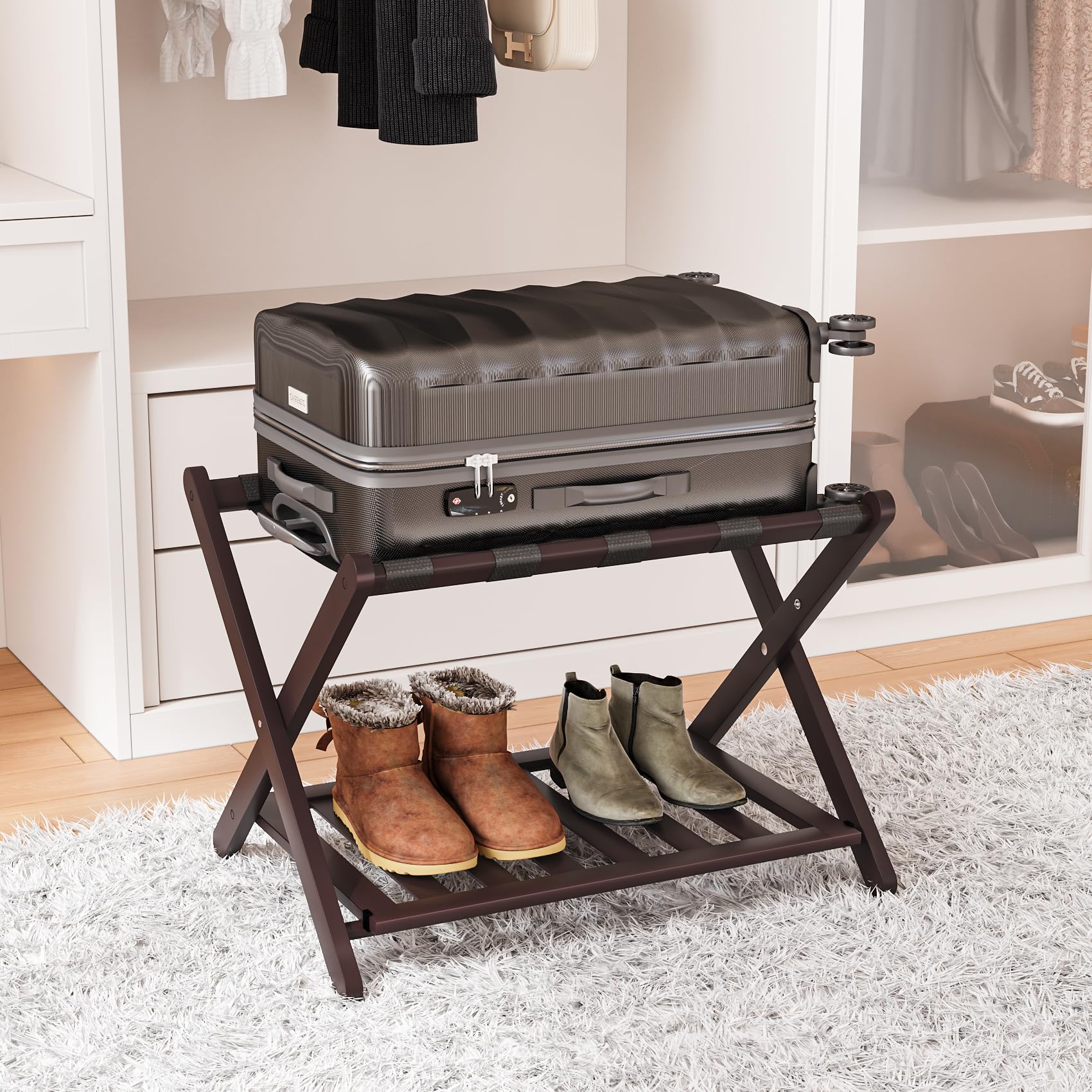 Smart FENDEE Fully Assembled Bamboo Luggage Rack, Folding Suitcase ...