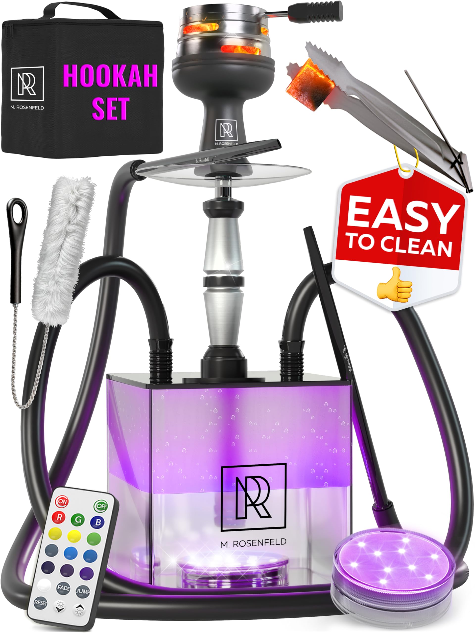 Hookah Set with Everything – Black Hookah Set 2 Hose with LED Base ...