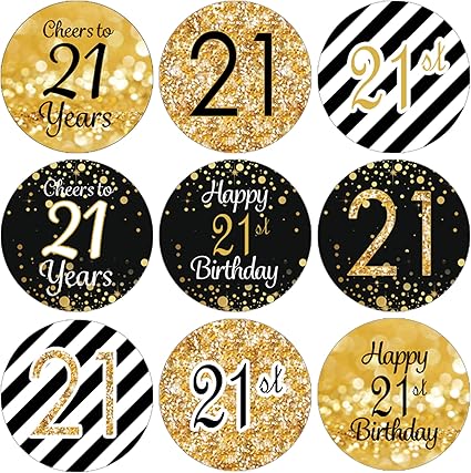 Amazon.com: 21st Birthday Party Favor Stickers - Black and Gold - 180 ...