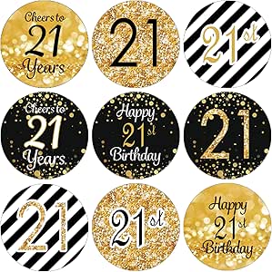 Amazon.com: 21st Birthday Party Favor Stickers - Black and Gold - 180 ...